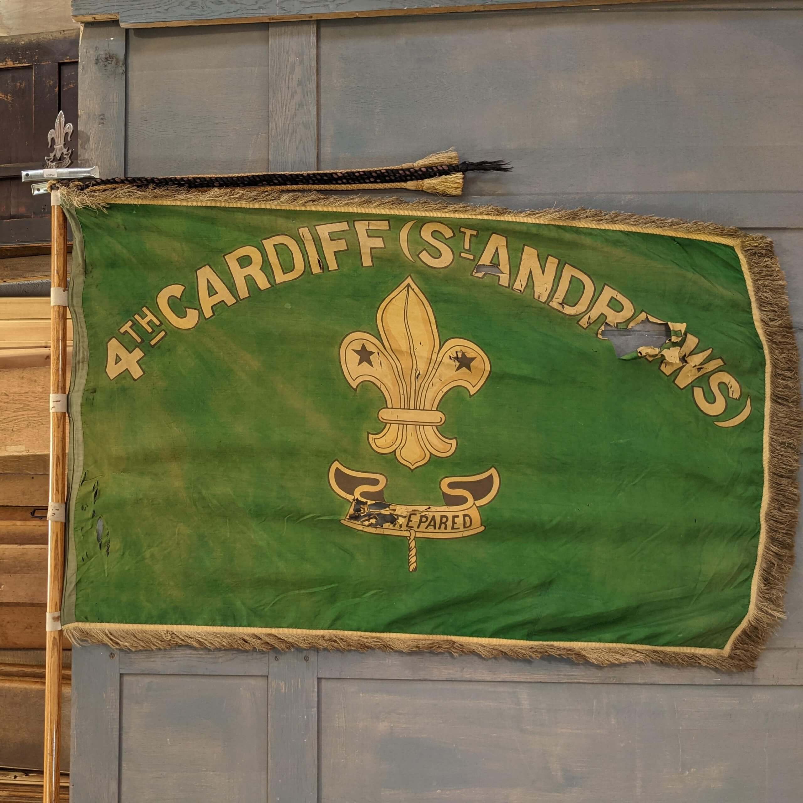 1920's Vintage Green Silk Marching Cardiff Wales Scout Flag with Pole ...