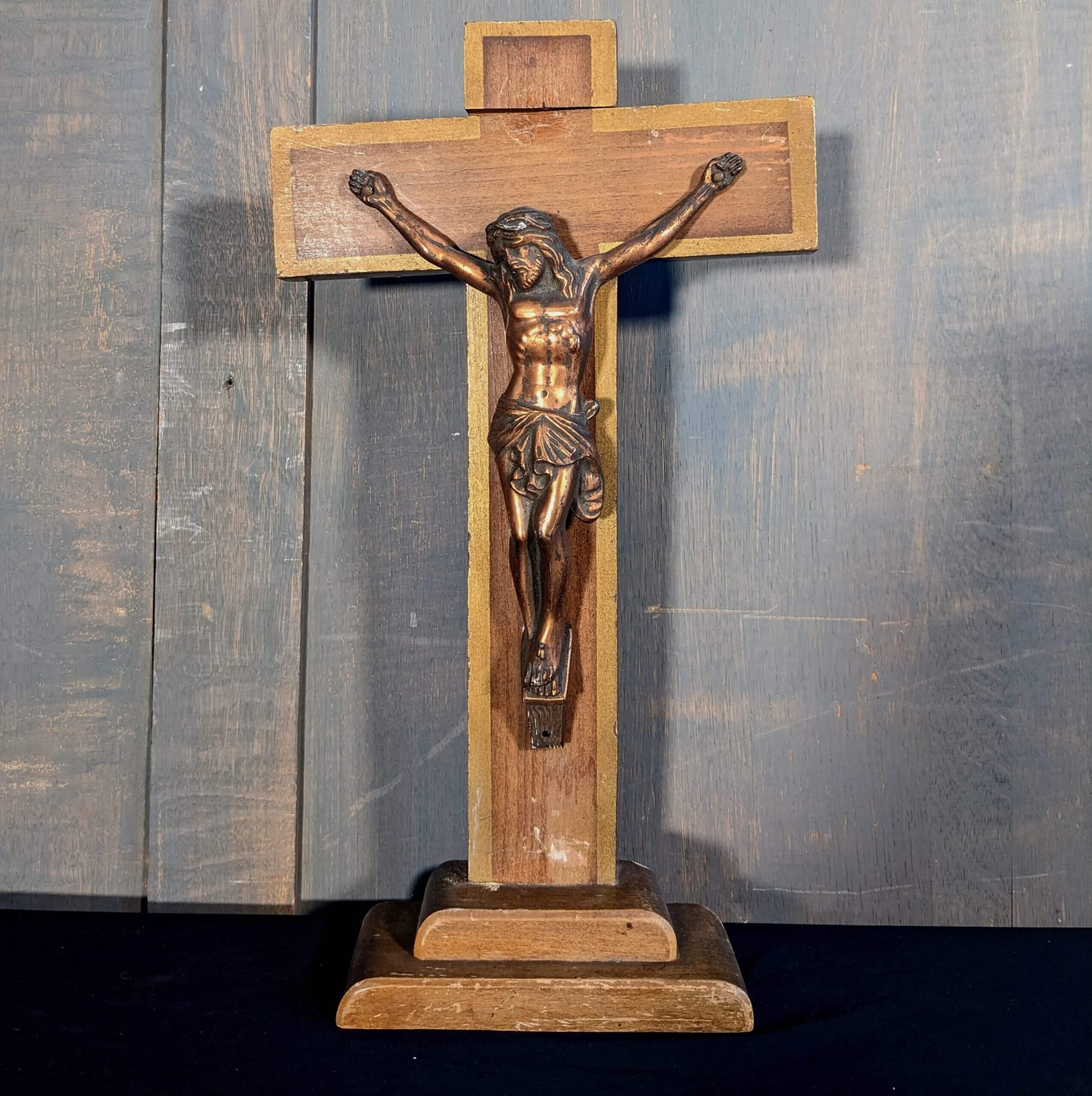 1950's Vintage French Standing Crucifix with Copper Coloured Metal ...