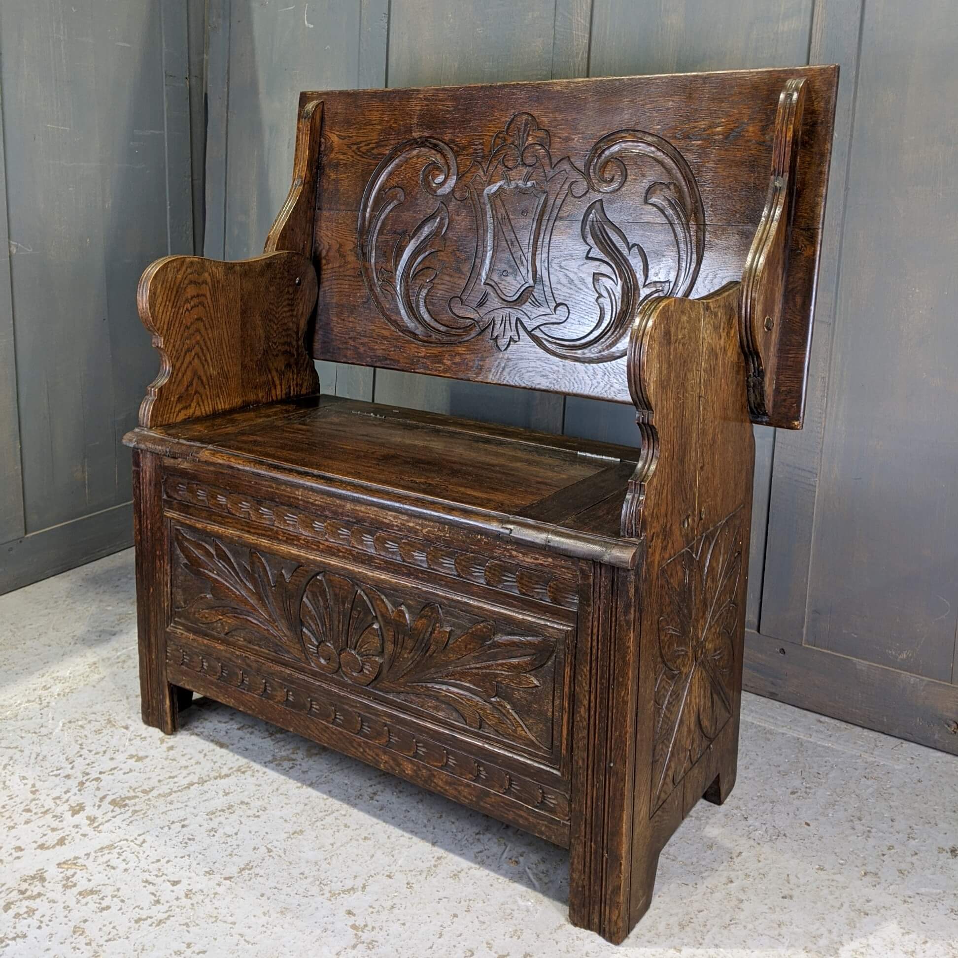 Carved Solid Oak Compact Vintage Monks Bench With Foliate Designs (SOLD ...