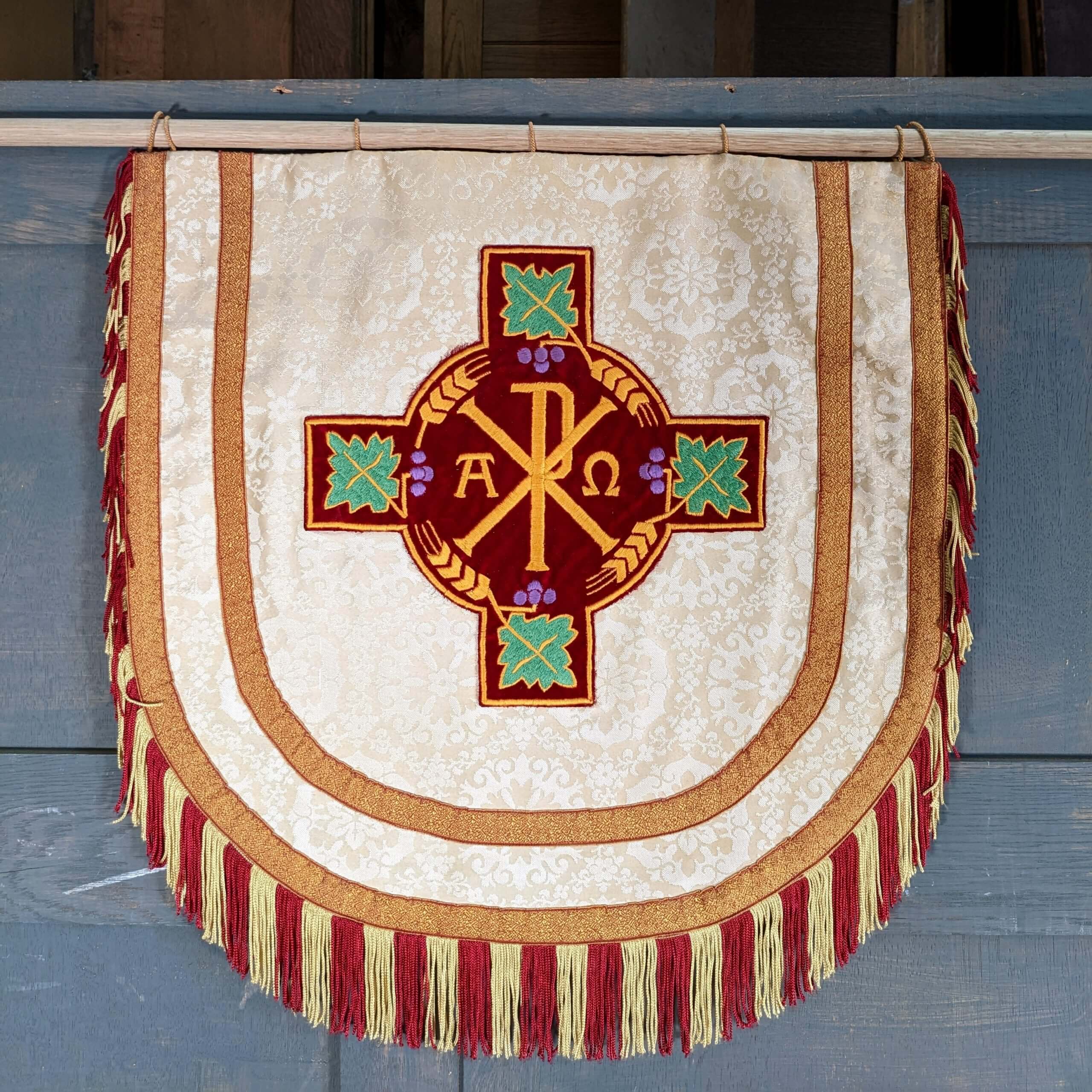 Chi-Rho Crimson Applique with Grape & Wheat Imagery Cream Damask Banner ...