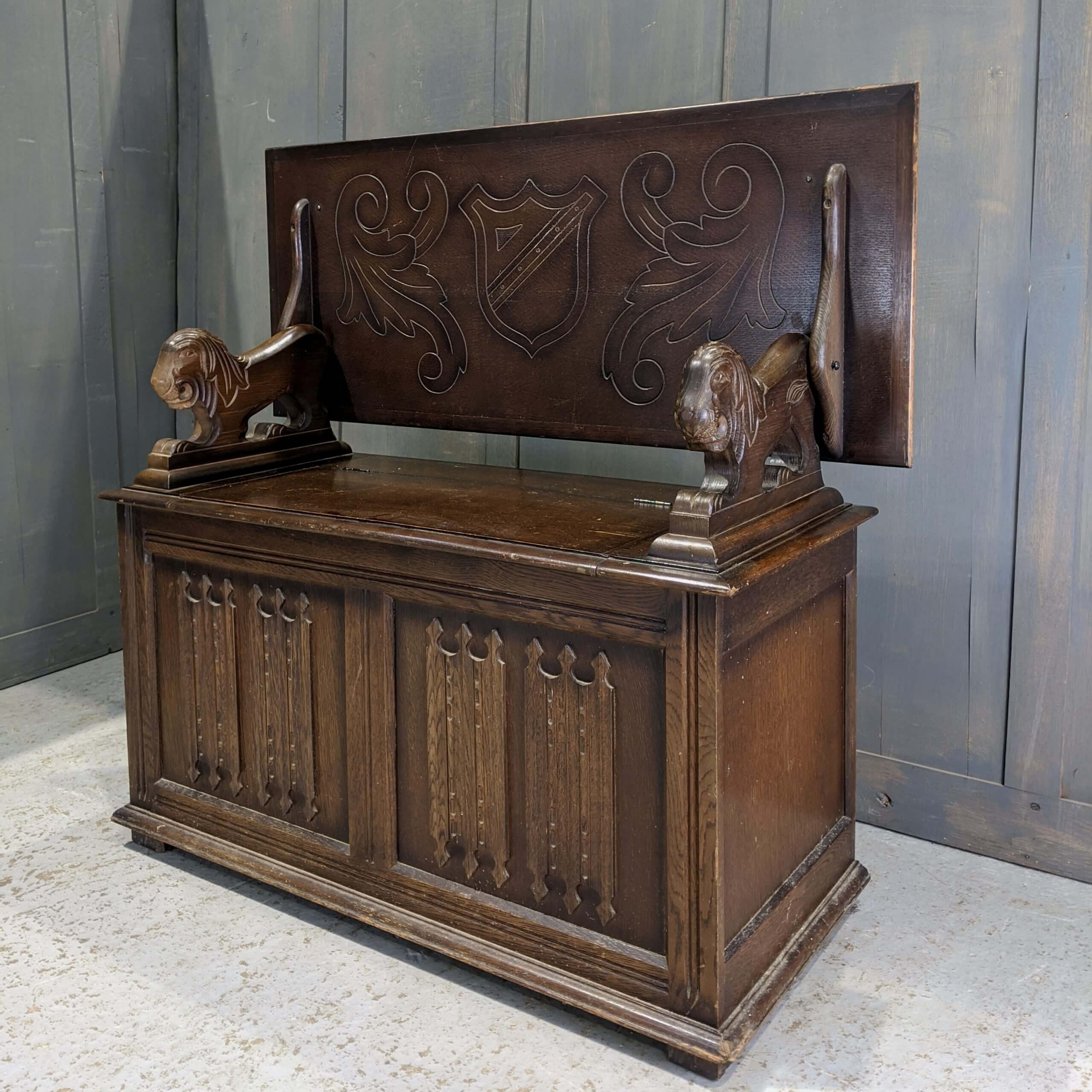 Classic 'L Marcus' Vintage Lion Arm Sheild Back Monks Bench (SOLD ...