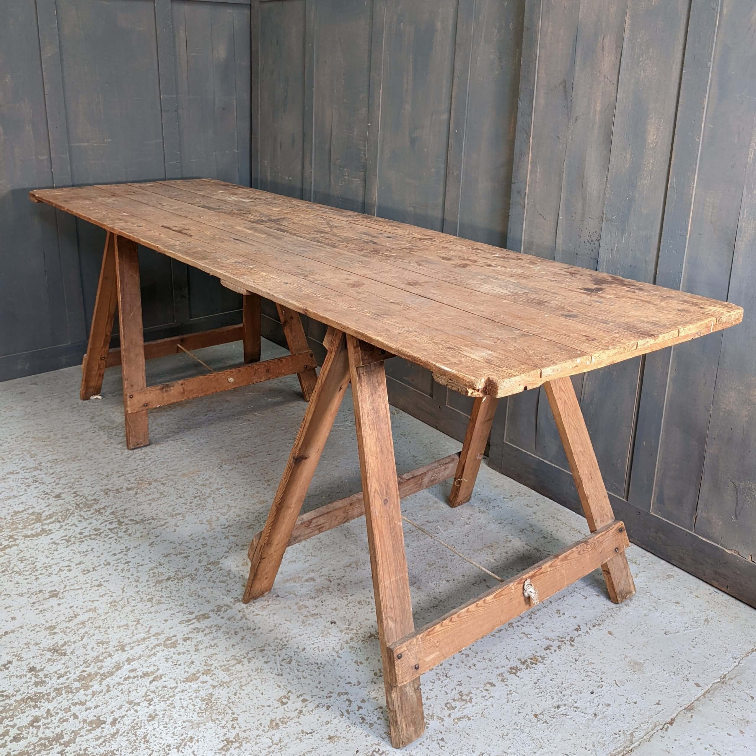 Epsom Lecture Hall Vintage Pine Plank Trestle Table (SOLD) - Antique ...