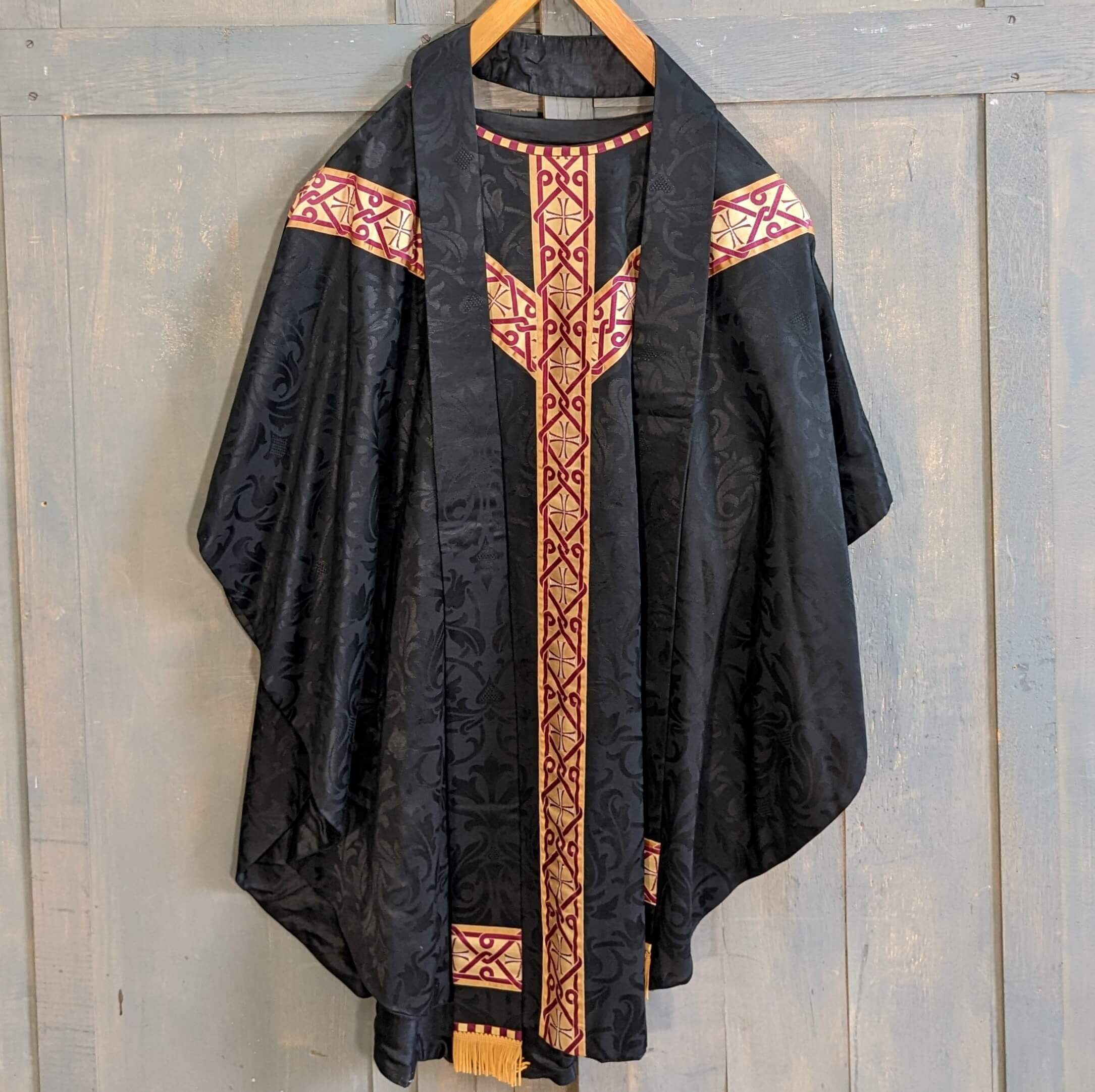 Excellent Black Damask Chasuble with Gold & Purple Orphrey Bullions IHS ...