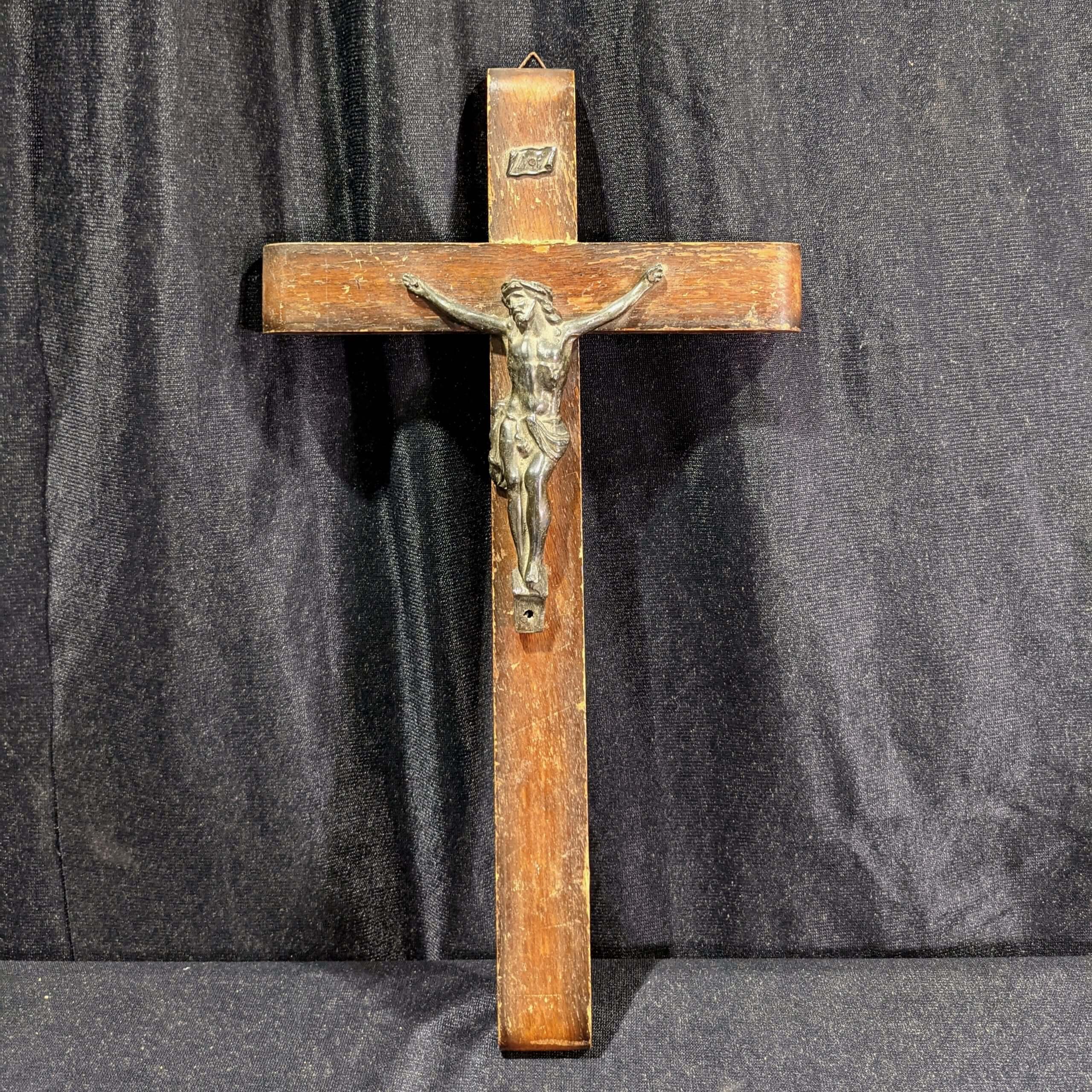 French 1930's Vintage Oak & Metal Crucifix with Rounded Cross (SOLD ...