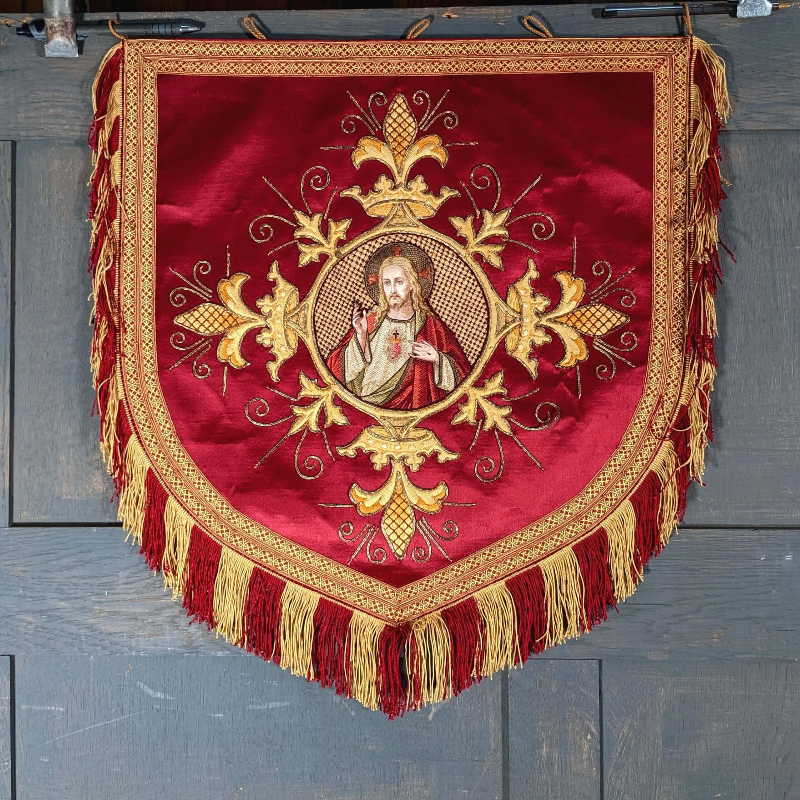 Intricate & Fantastic Bullion Jesus Applique Red Silk Hanging Banner ...