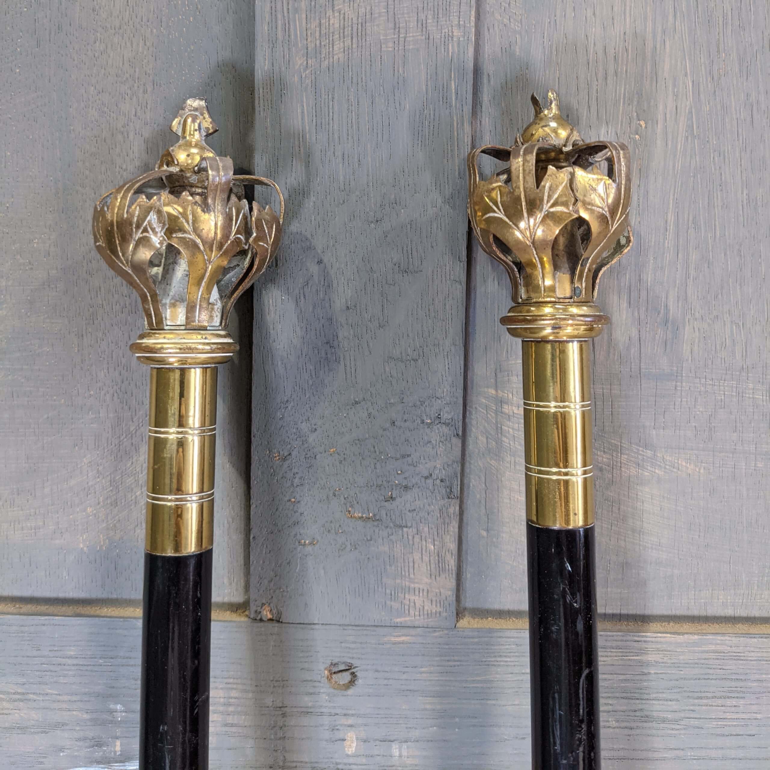 Pair of Brass & Lacquered Oak Wardens Staves with Crowns (SOLD) - Antique Church Furnishings
