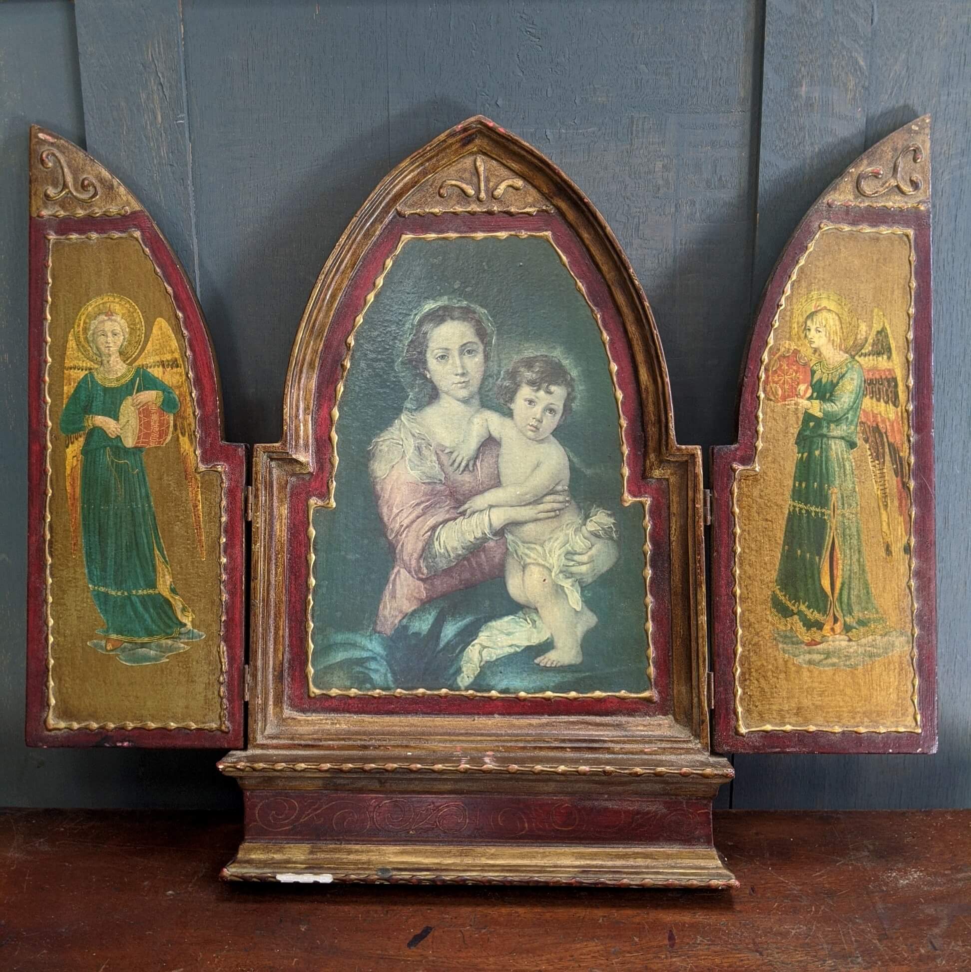 Pretty Smaller Size Vintage Flemish Triptych with Angels, Madonna ...