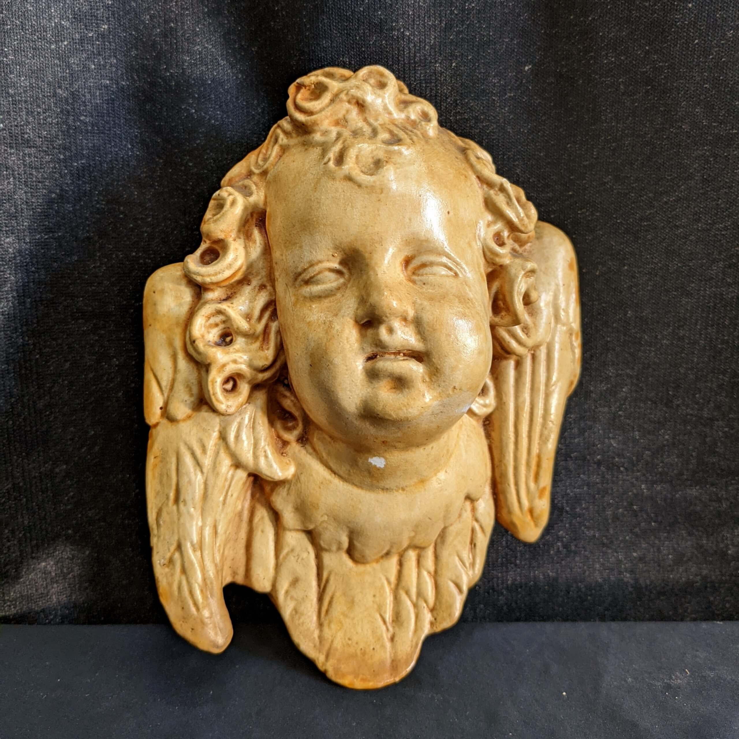 Sepia Painted Plaster Resin Winged Angel Putti Head for Wall Hanging ...