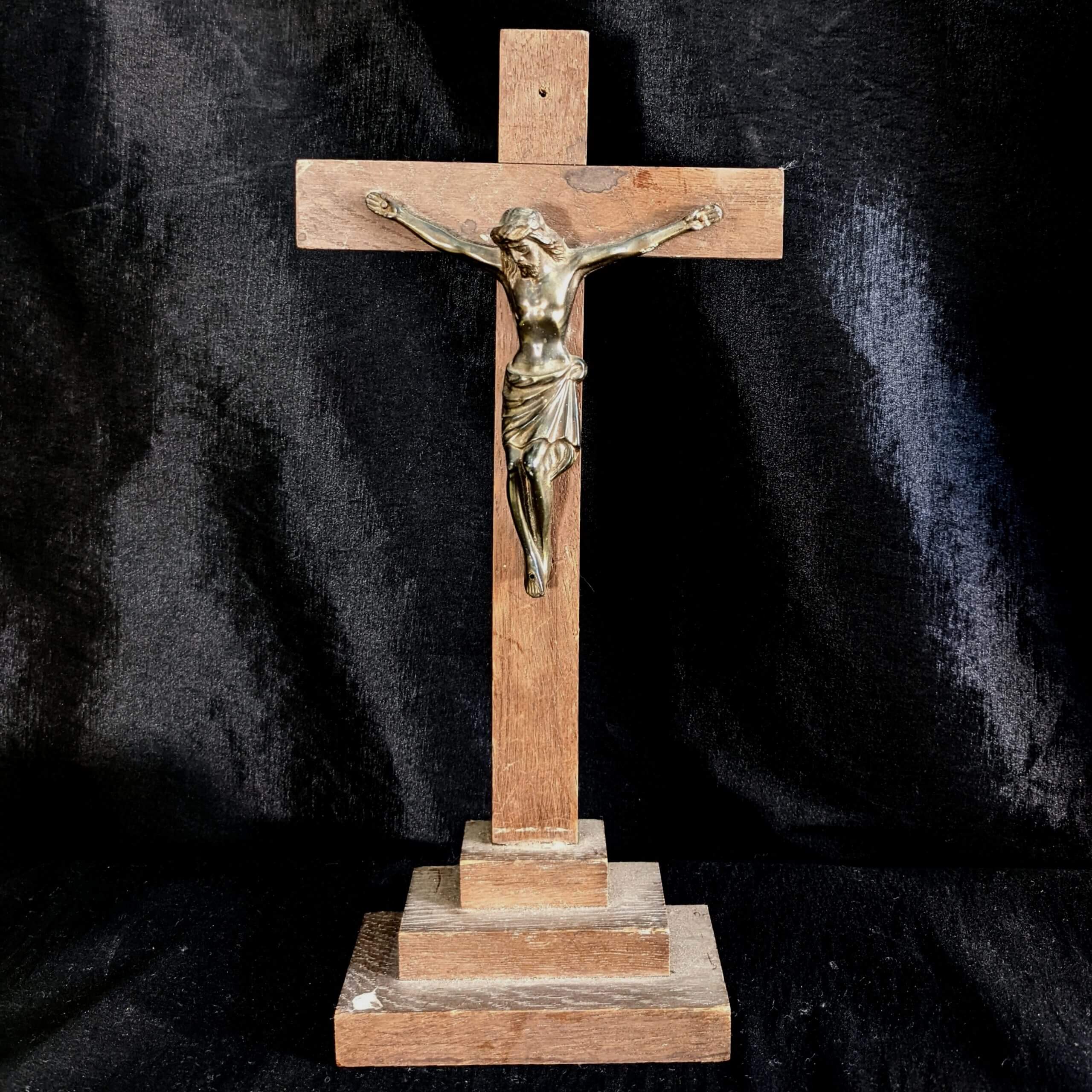 Simple Oak & Metal Vintage Table Crucifix - Antique Church Furnishings