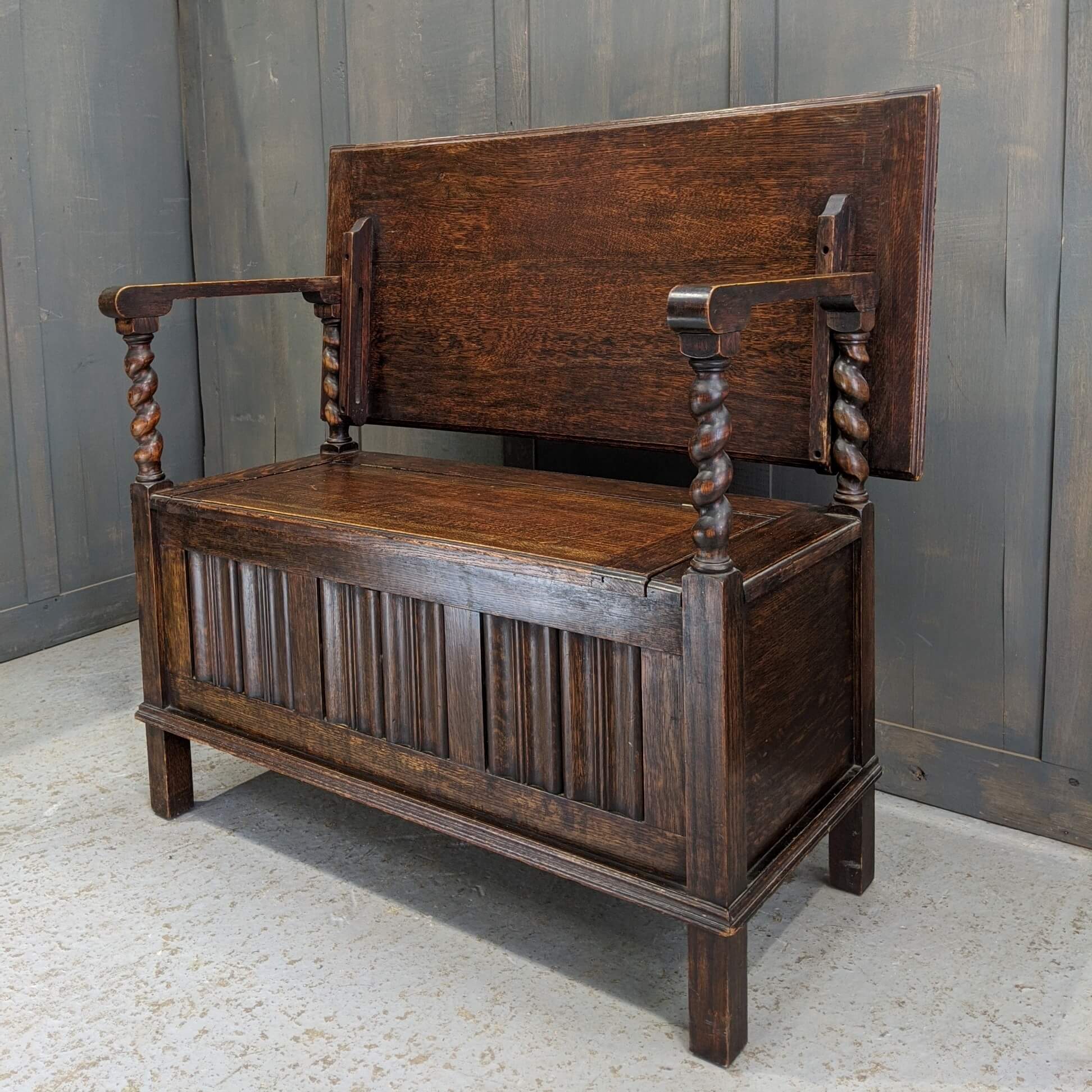 Solid Oak Medium to Dark Linenfold Fronted Vintage Monks Bench (SOLD ...