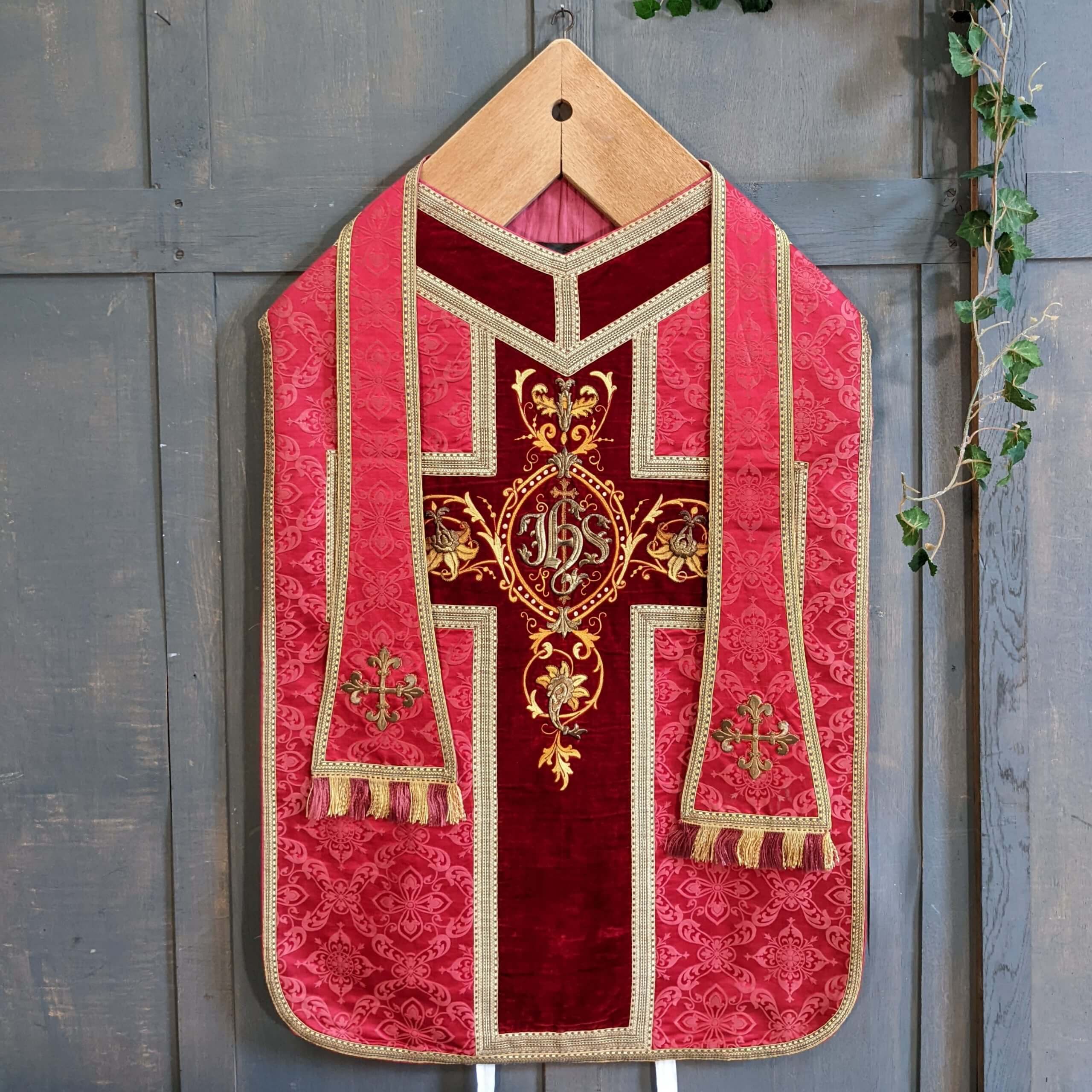 Stunning Antique Red & Gold French Chasuble with Heavy IHS Applique ...