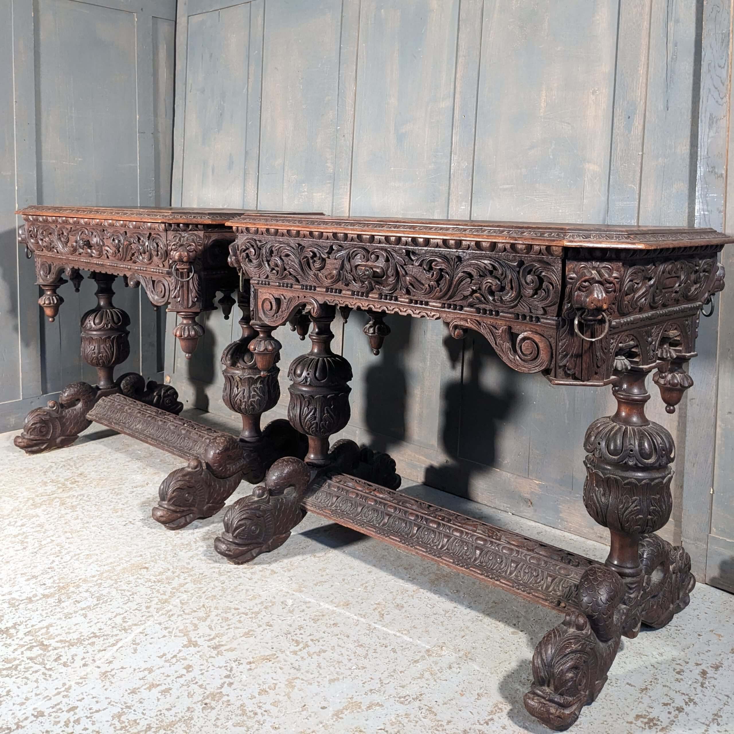 Two Spectacular Highly Carved Antique Baroque Style Oak Hall Tables ...