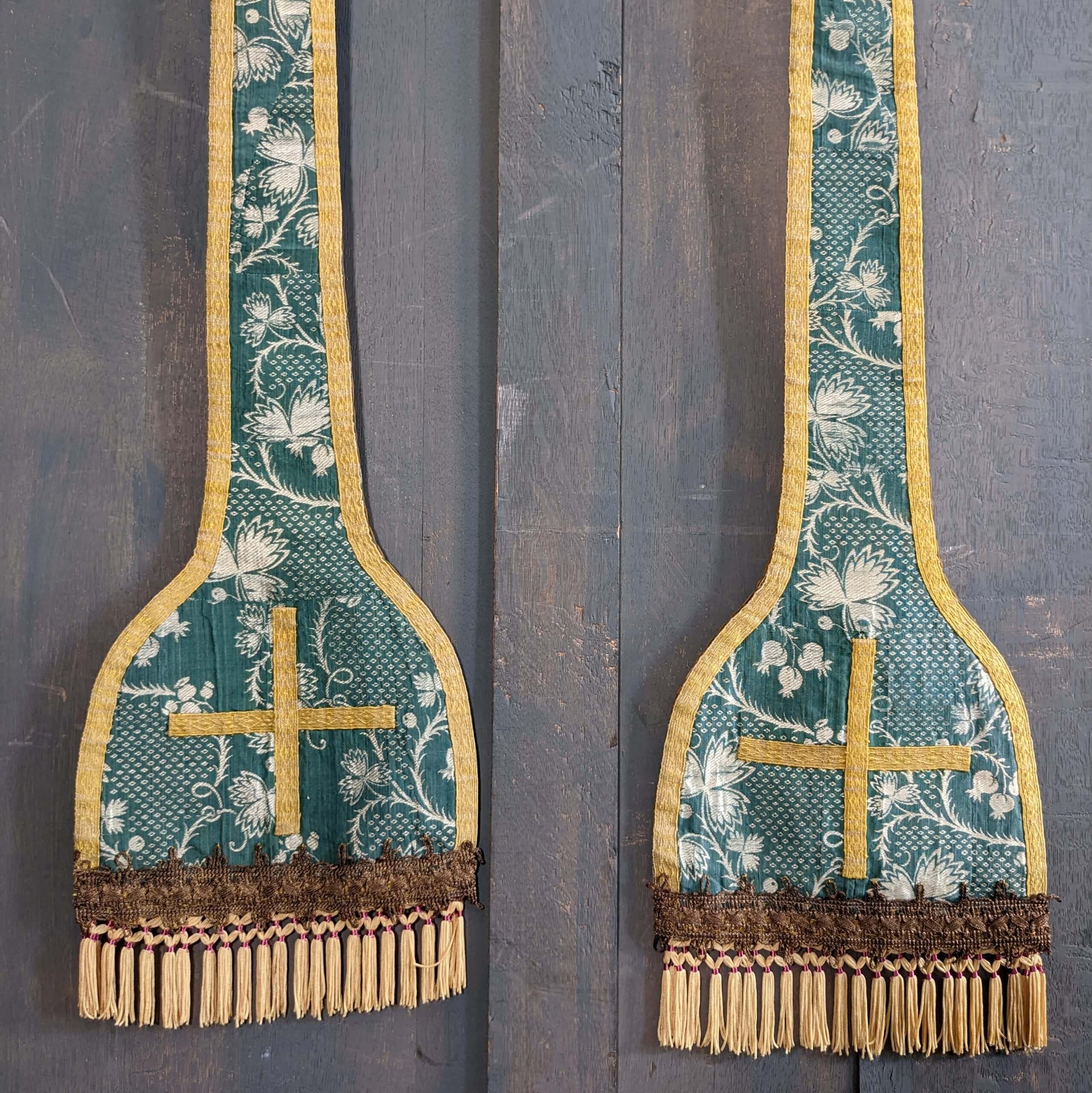 Unusual Vintage Green & Gold Stole with Cross & Fringe - Antique Church ...