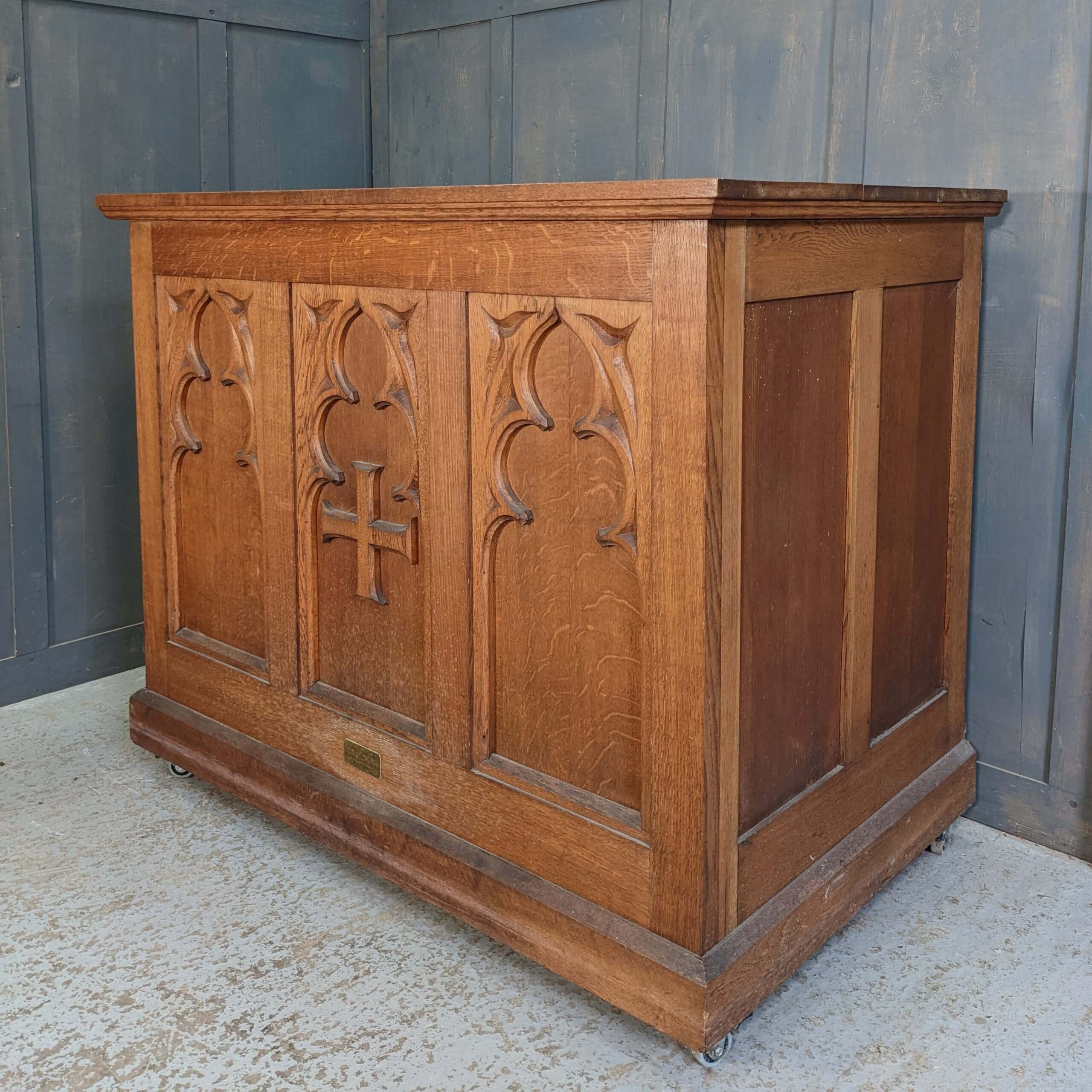 Vintage 1930's Carved Oak Gothic Oak Altar with Castors from St Pauls ...