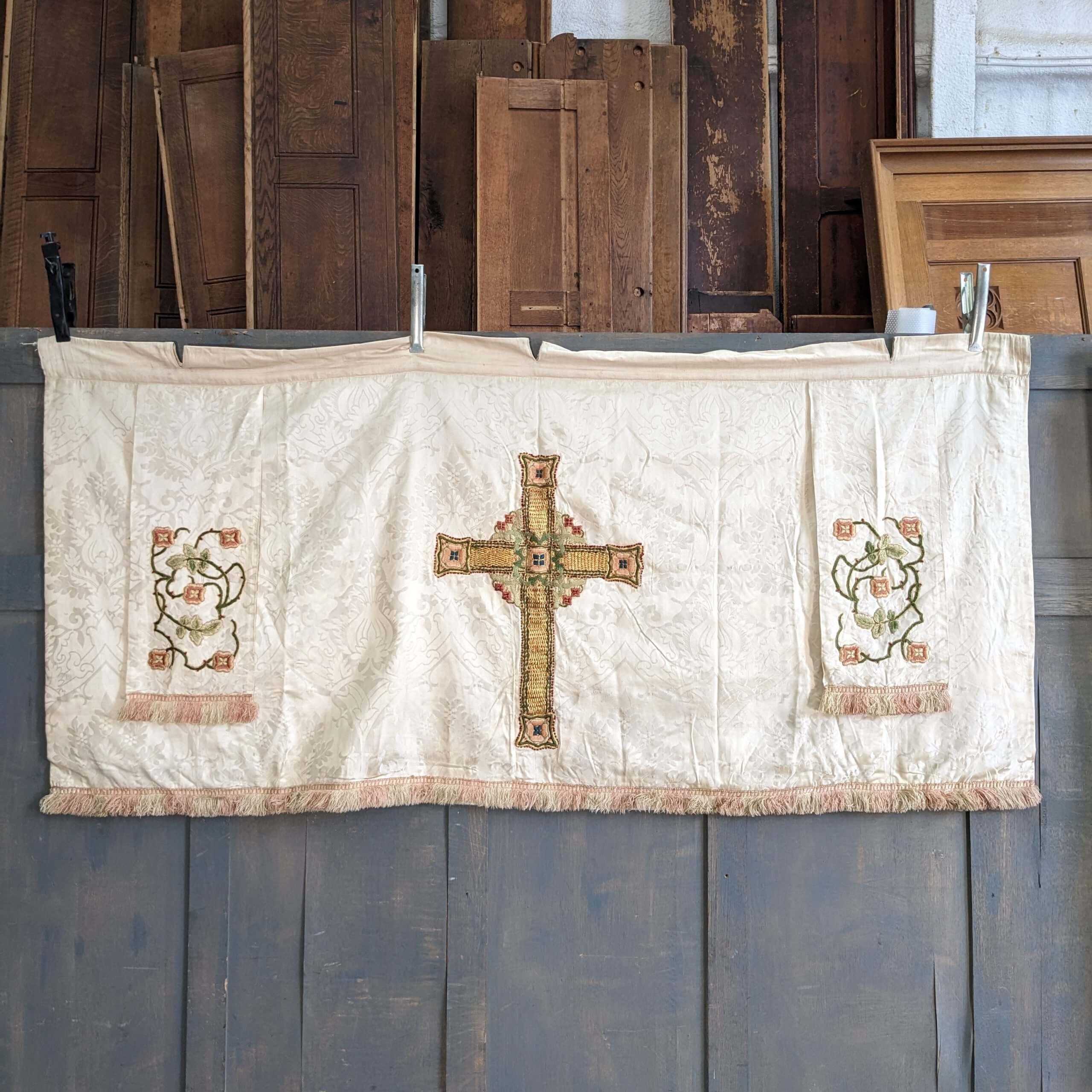 Vintage Cream Damask Delicate Gold Thread Floral Cross Applique with ...