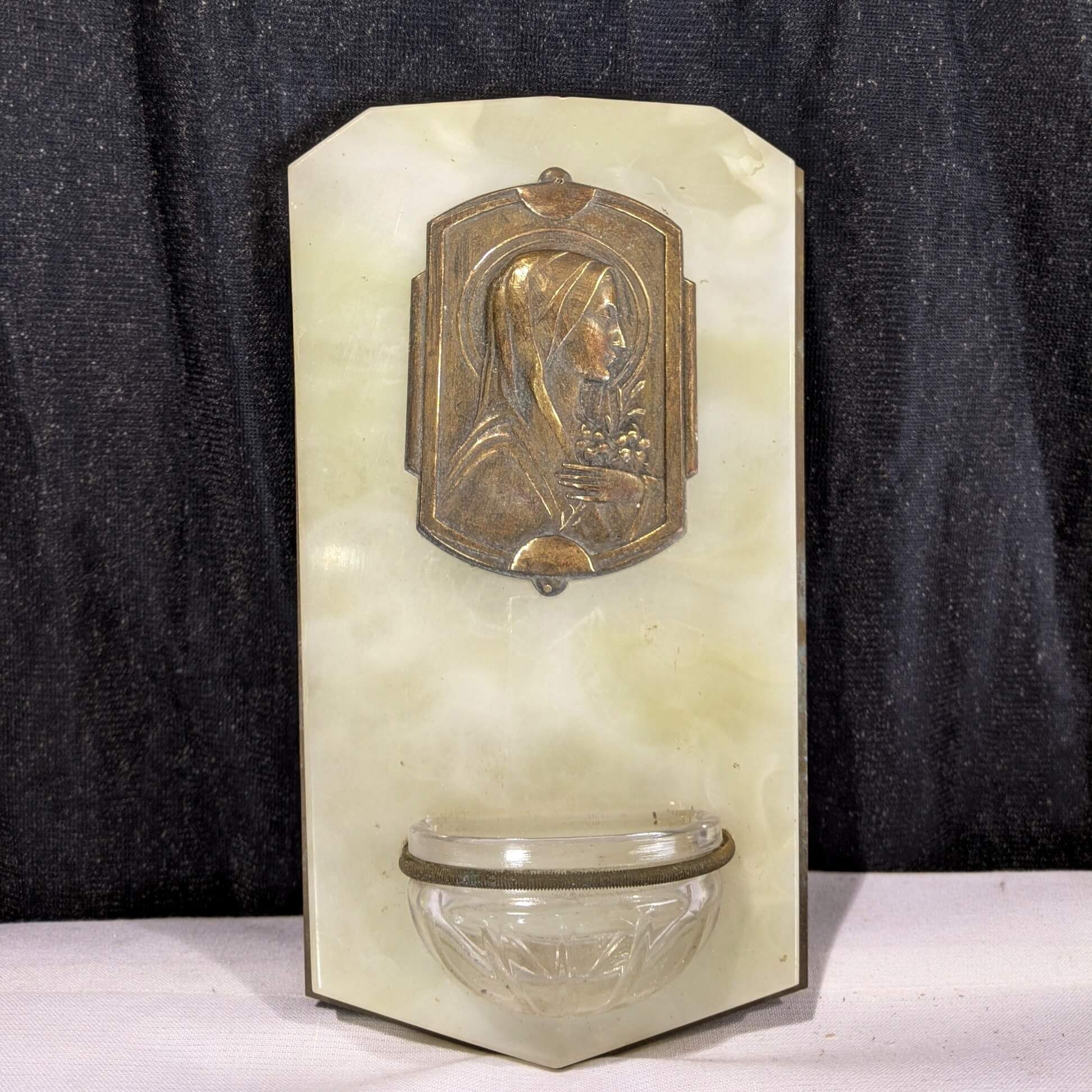 Vintage French 1930's Brass Alabaster & Glass Holy Water Stoop Piscina ...