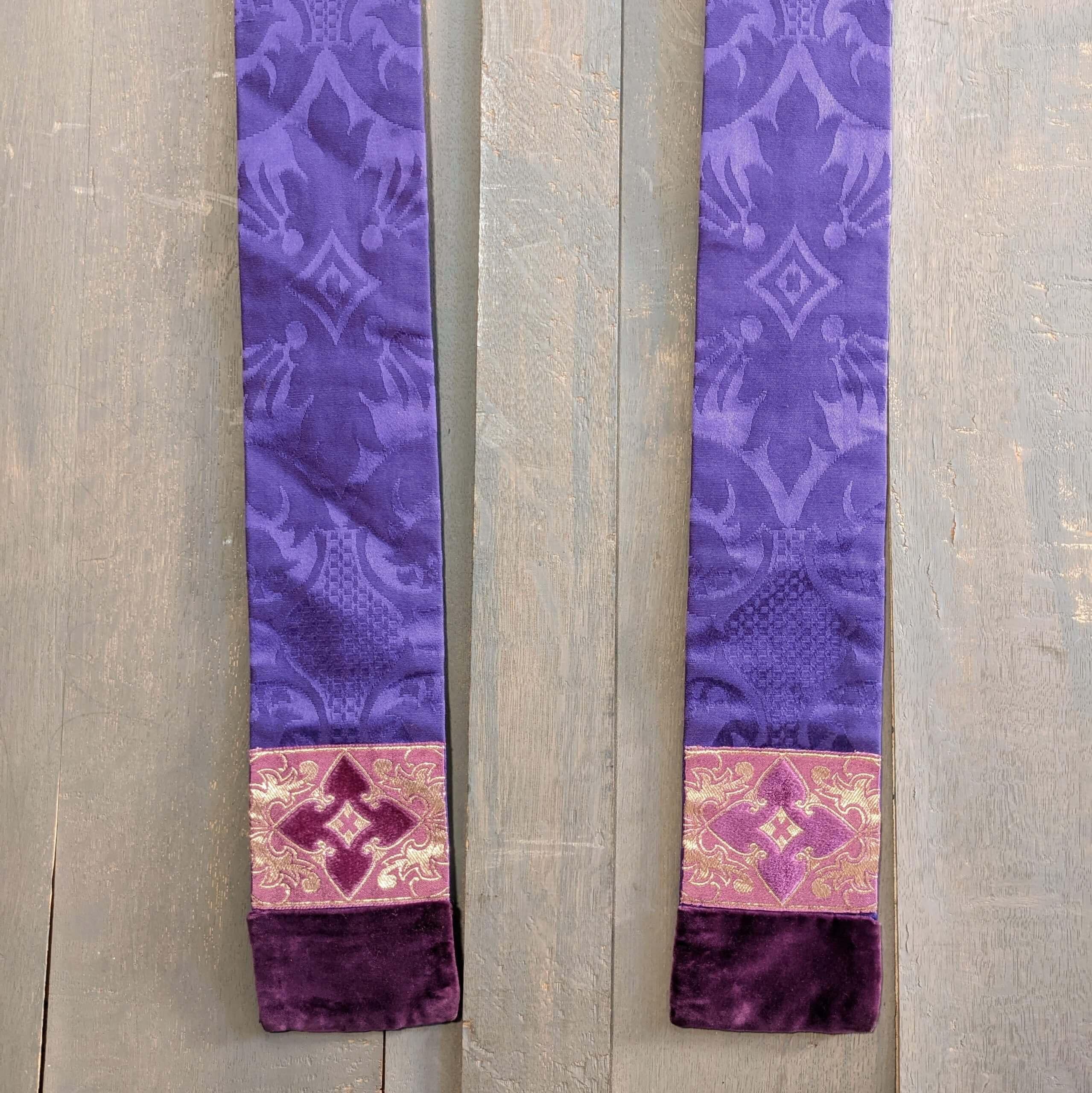 Vintage Purple Silk & Red Velvet Damask Stole - Antique Church Furnishings