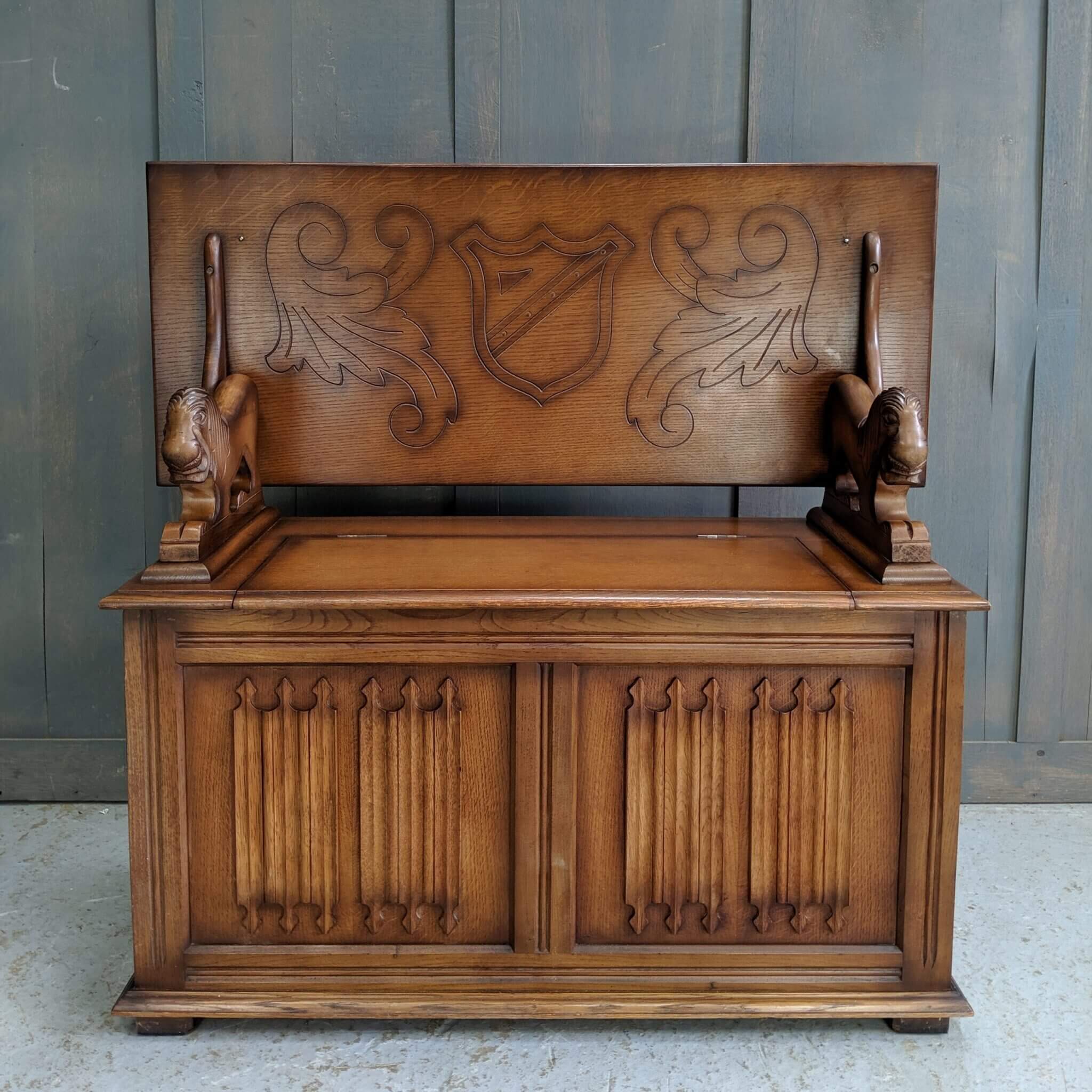 Classic 'L Marcus' Oak & Hardwood Lion Arm Monks Bench (SOLD) - Antique ...