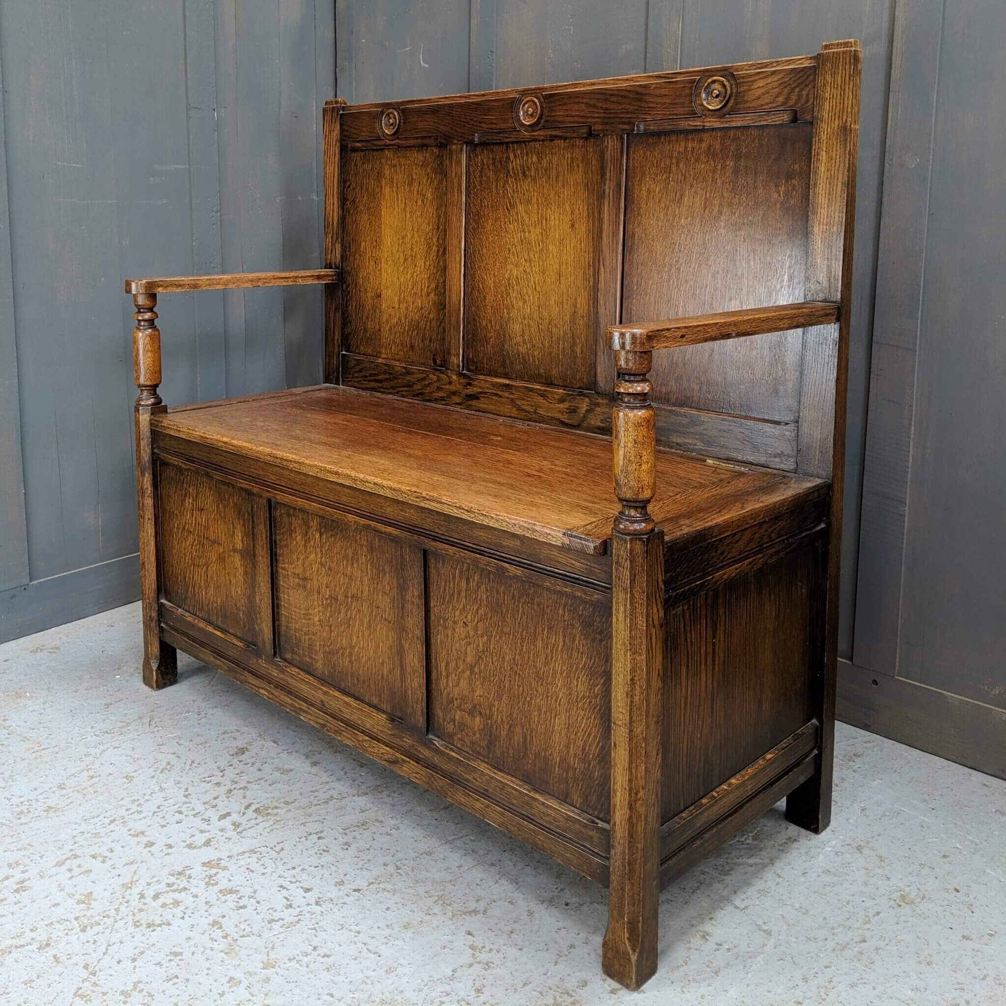 Oak Panelled Back & Front Vintage Monk's Bench with Roundels (SOLD ...