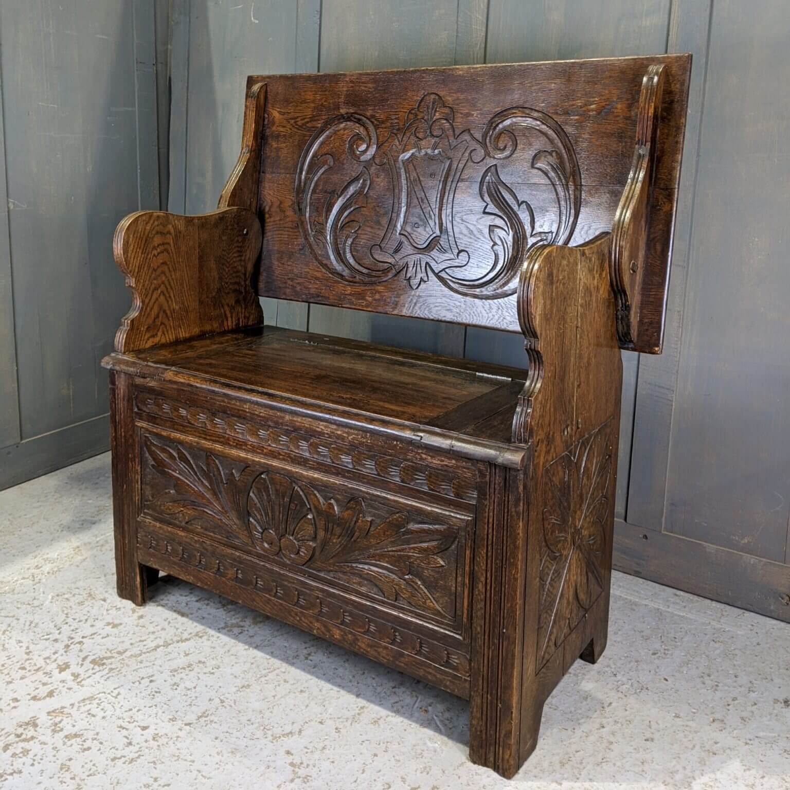 Carved Solid Oak Compact Vintage Monks Bench With Foliate Designs (SOLD ...