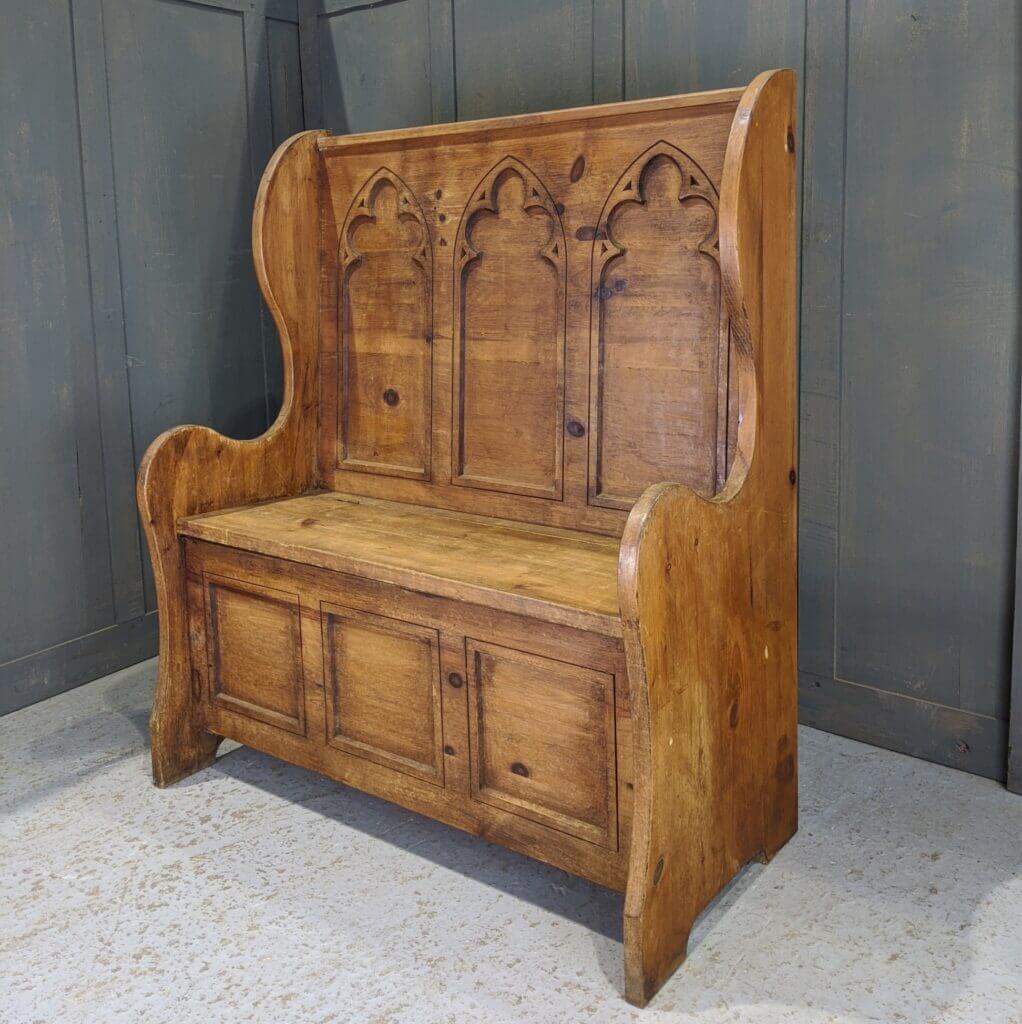 Simple Gothic Pine Monks Bench with Three Lancet Cutaway Panels (SOLD ...