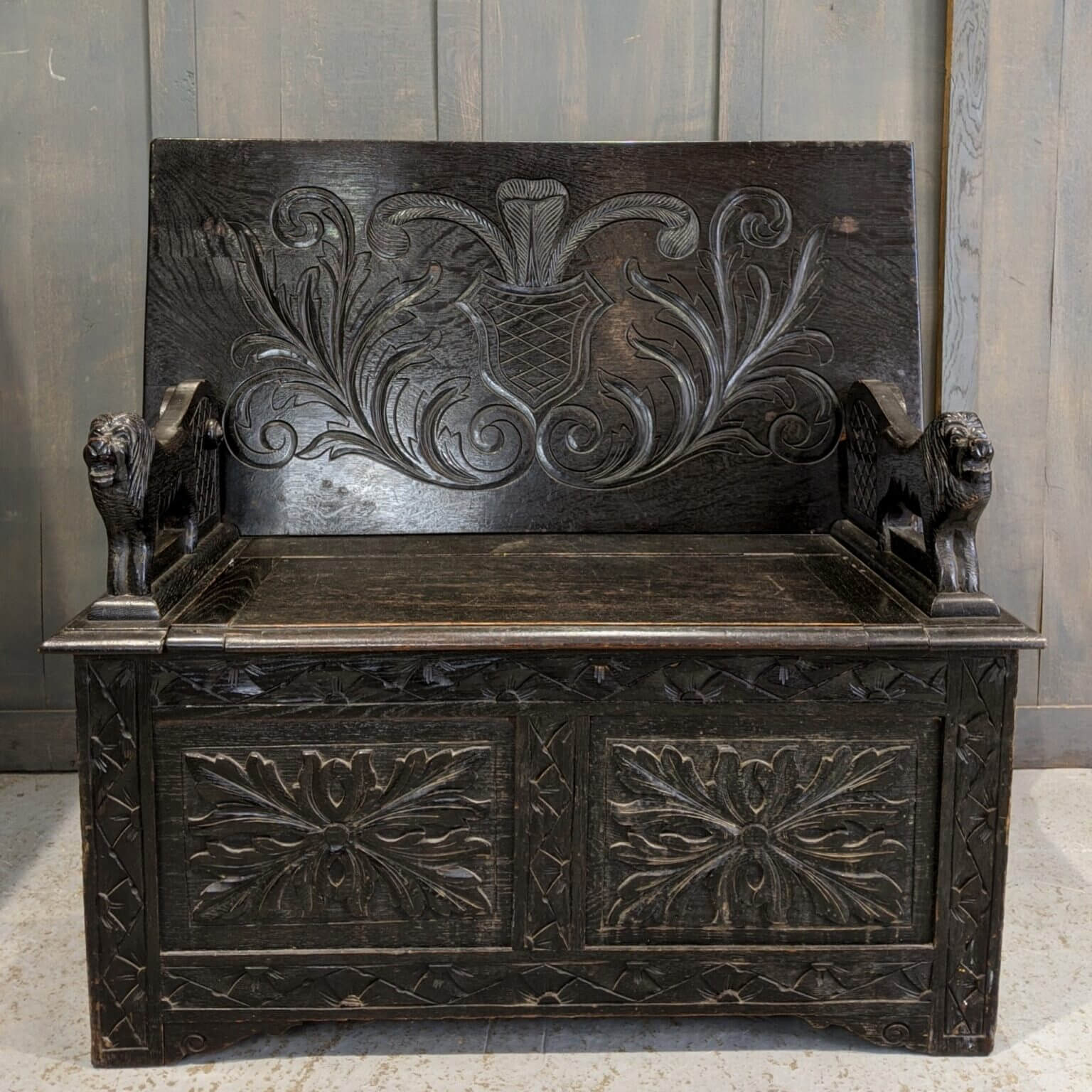 Splendid Carved Dark Oak Antique Monks Bench with Lion Armrests (SOLD ...