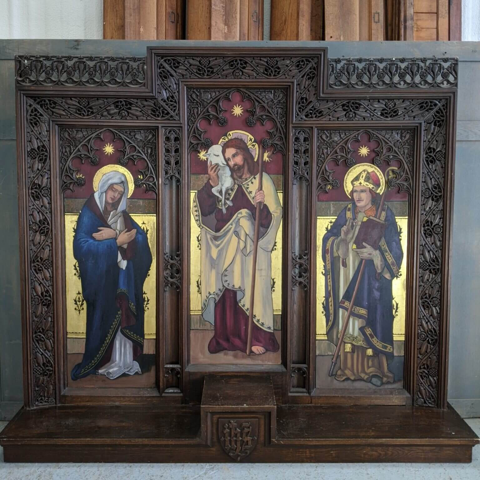Very Highly Decorative Antique Carved & Painted Oak Reredos Altar Panel ...
