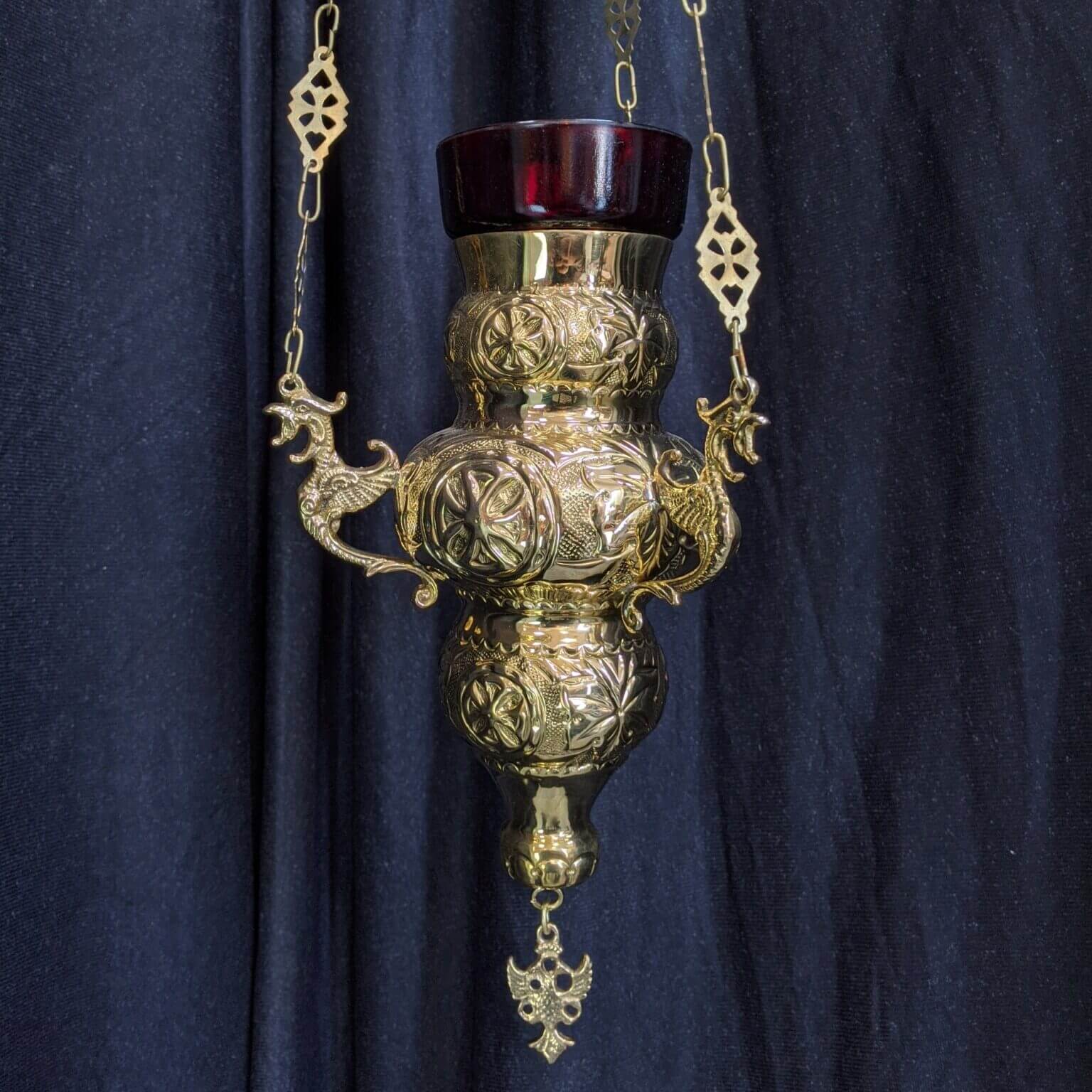Medium Size Candle Powered Brass Sanctuary Lamp with Crosses & Dragons ...