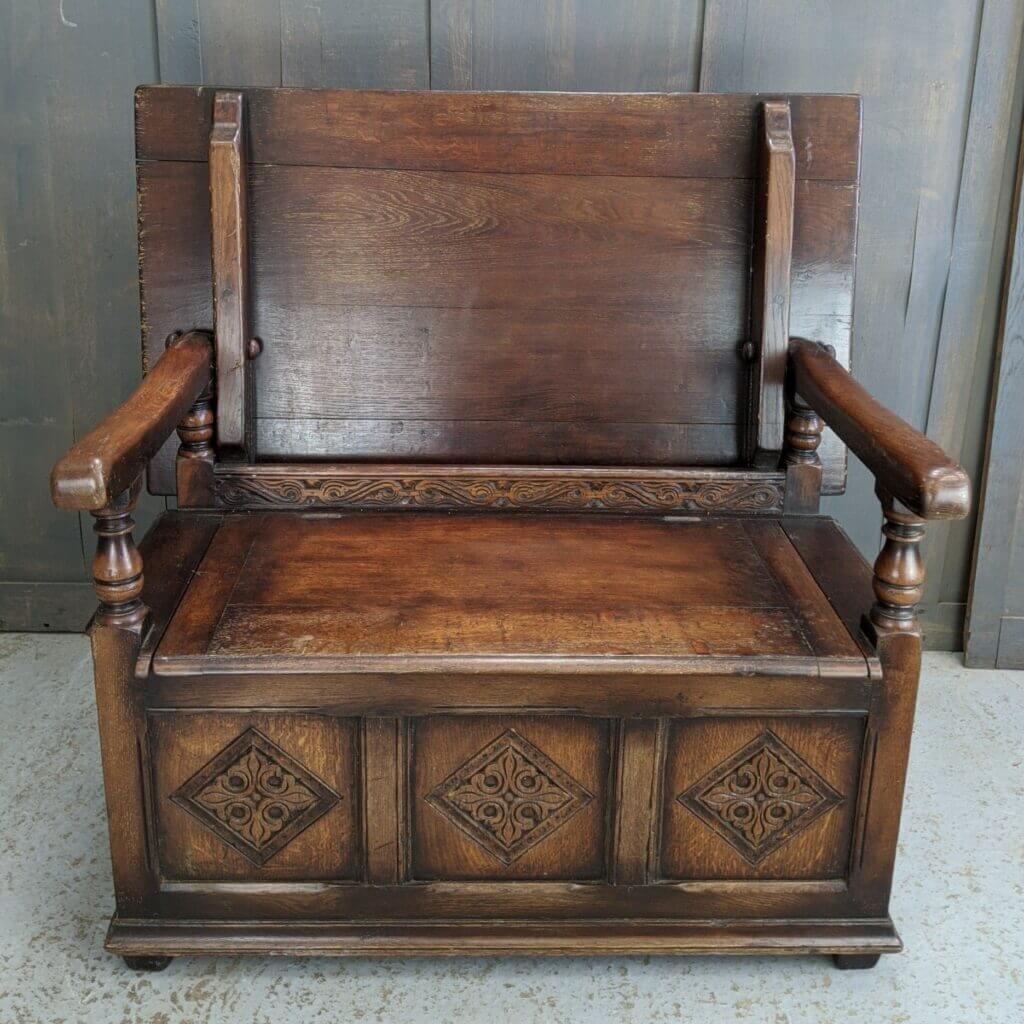 Very Heavy Solid Oak Vintage Monks Bench with Carved Plaques (SOLD ...
