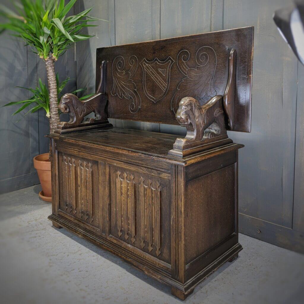 Early 'L. Marcus' Medium to Dark Oak Lion Armrest Monks Bench (SOLD ...