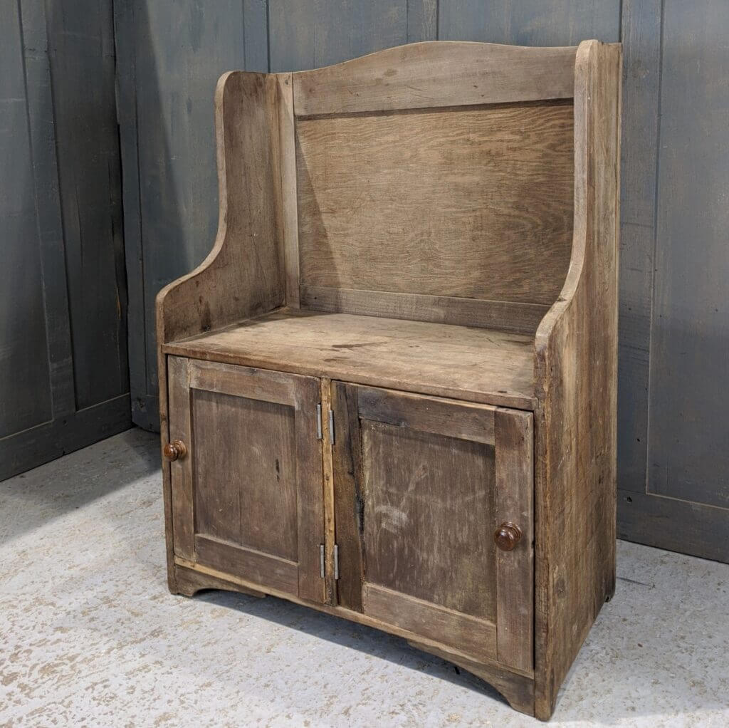 Small One Seater Vintage Hardwood & Pine Monks Bench with Cupboard ...