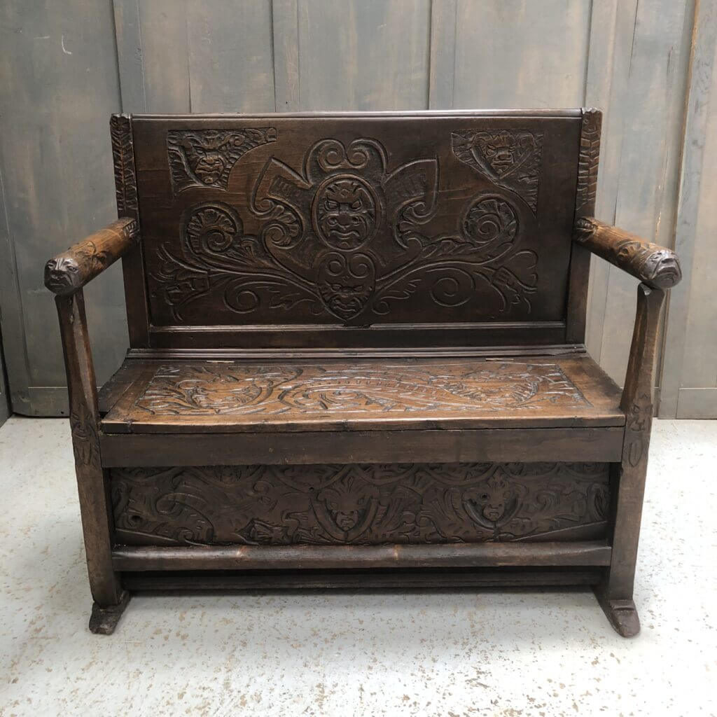 18th Century Style Carved Oak Monks Bench Settle with Storage (SOLD ...
