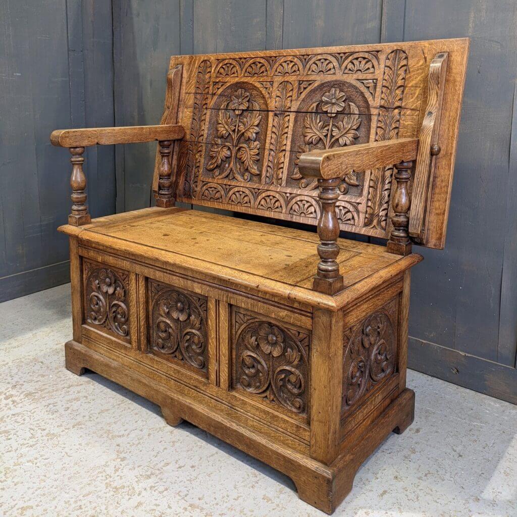 Beautiful Highly Carved Antique Medium Oak Monks Bench with Floral ...