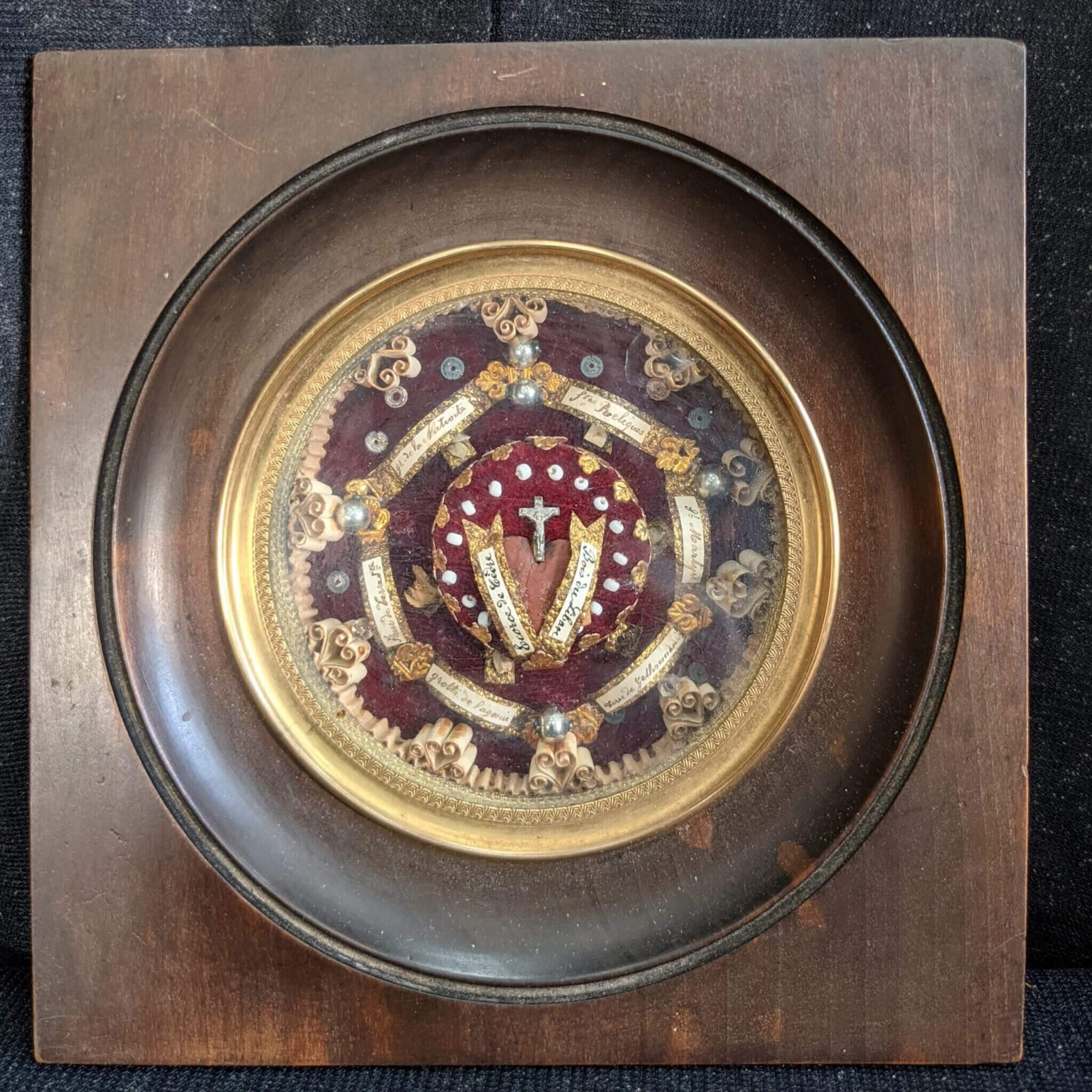 Antique French Reliquary with 8 Relics Housed in a Walnut & Glass Frame ...