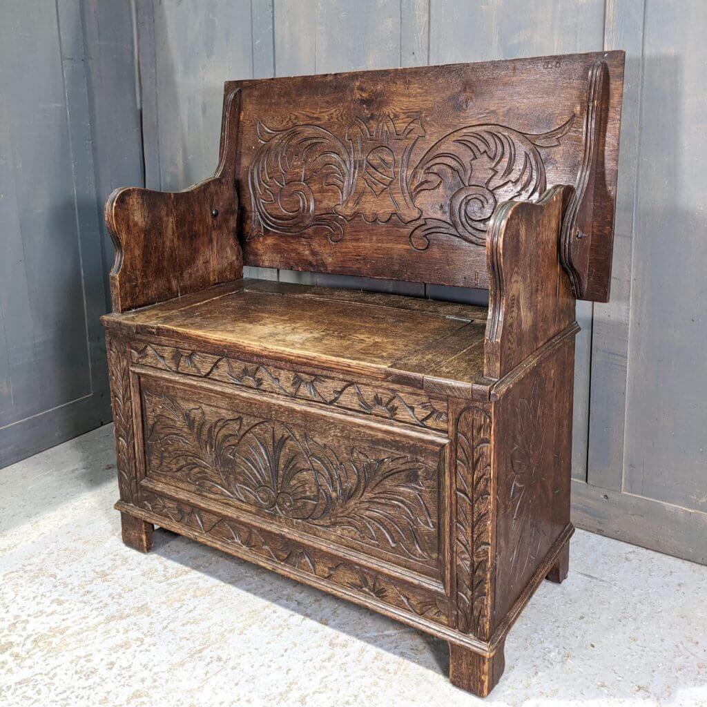 Smaller Size Carved Vintage Oak Monks Bench with Foliate Designs (SOLD ...