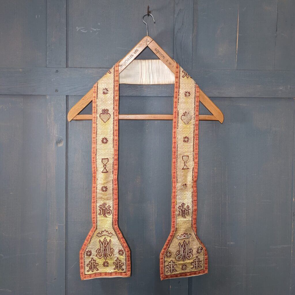 Striking Antique Beaded Bisque & Cream Ave Maria IHS Stole with Flared ...