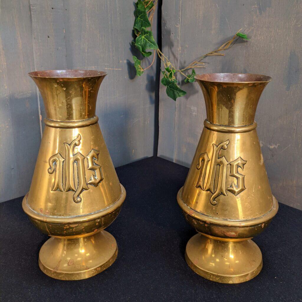 Pair of Boldly Designed 'IHS' Antique Brass Church Flower Vases (SOLD ...