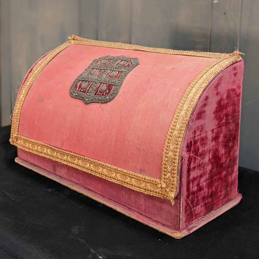 Antique 1900 Faded Red Silk Writing Compendium with Coat of Arms ...