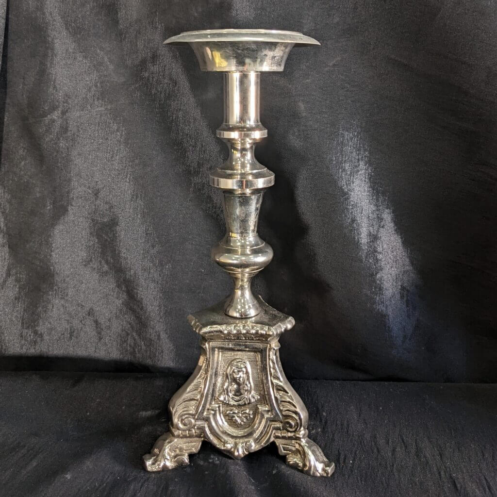 Silver Coloured Metal Religious Candlestick with BVM Three Sided Base ...