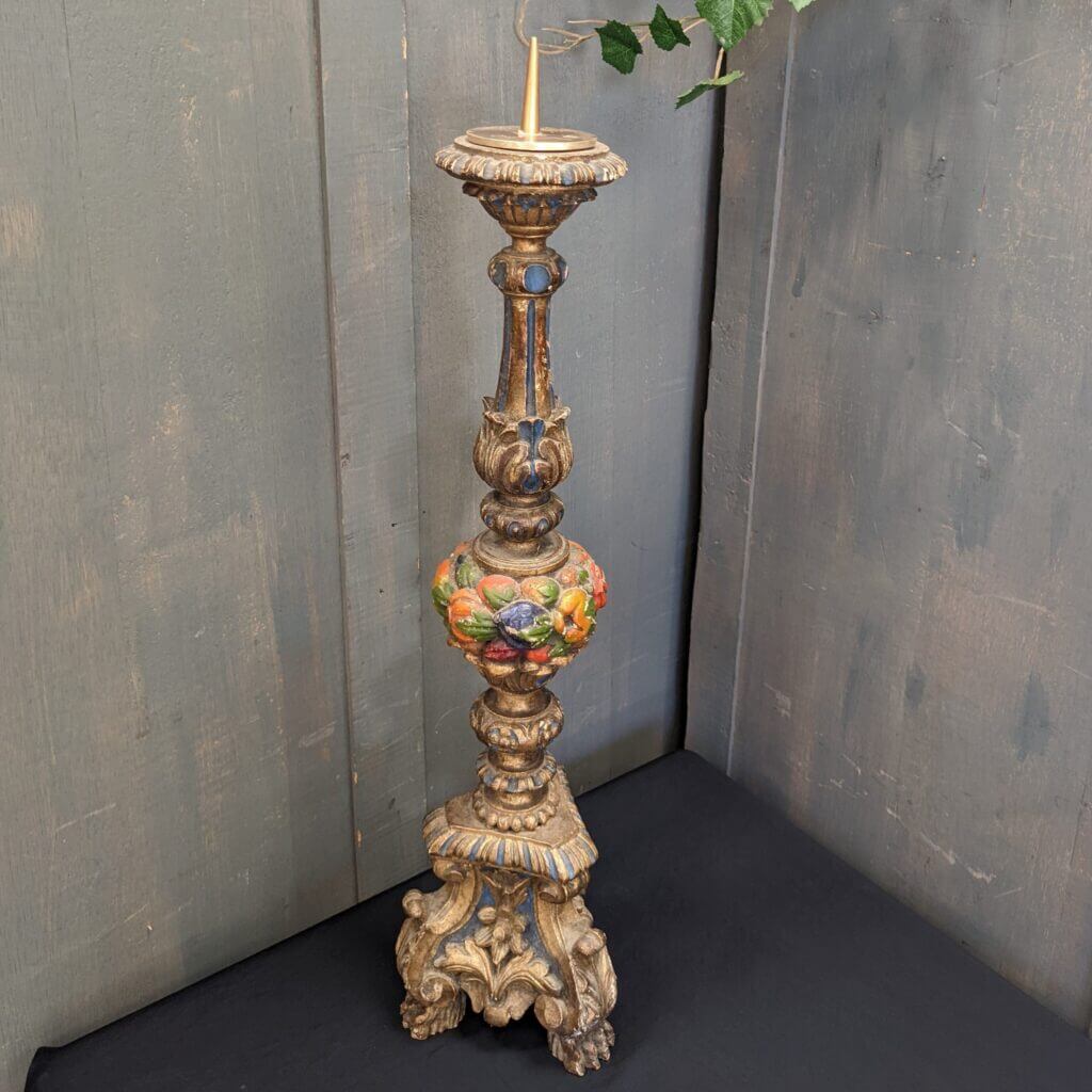 Fun 'Abundant Nature' Polychrome Oak Pricket Candlestick in the Baroque ...