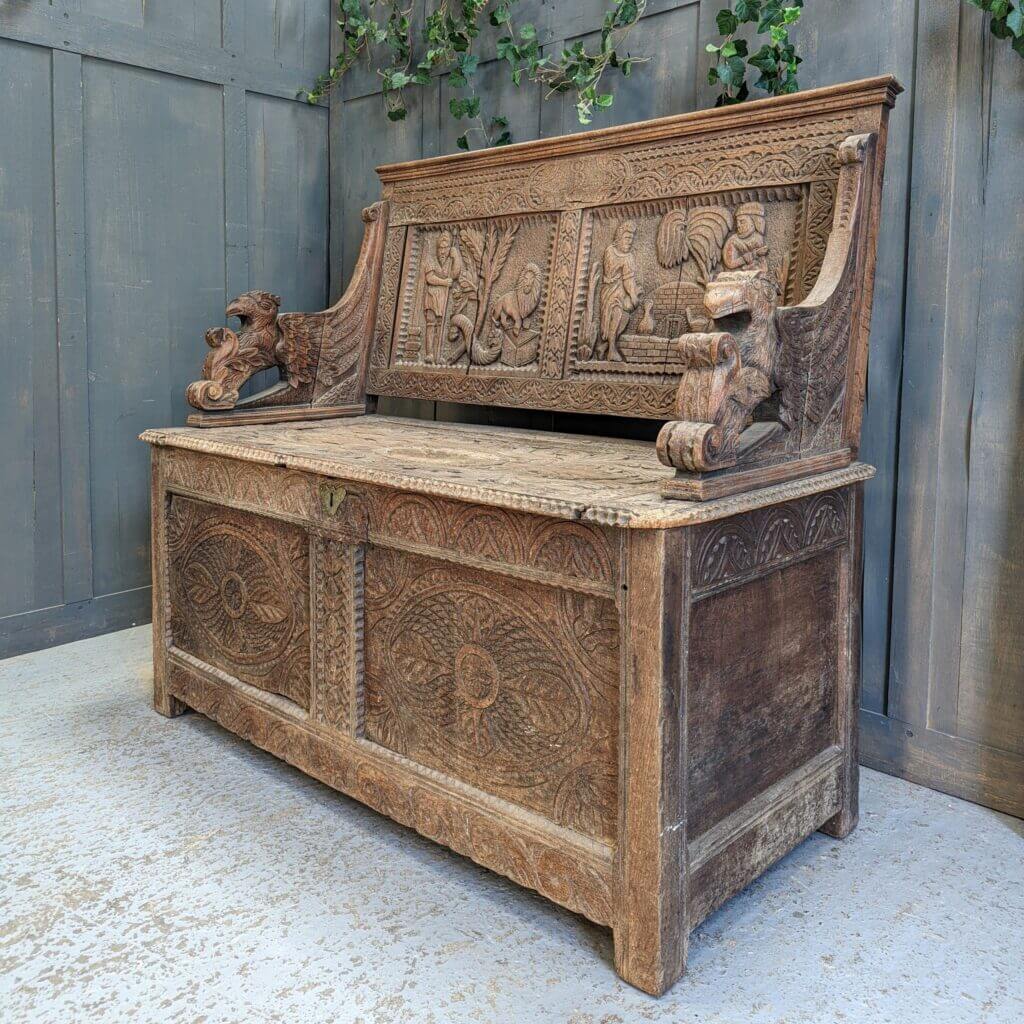 Unusual Antique Carved Oak 'Sumerian Scenes' Monks Bench with Slide Out ...