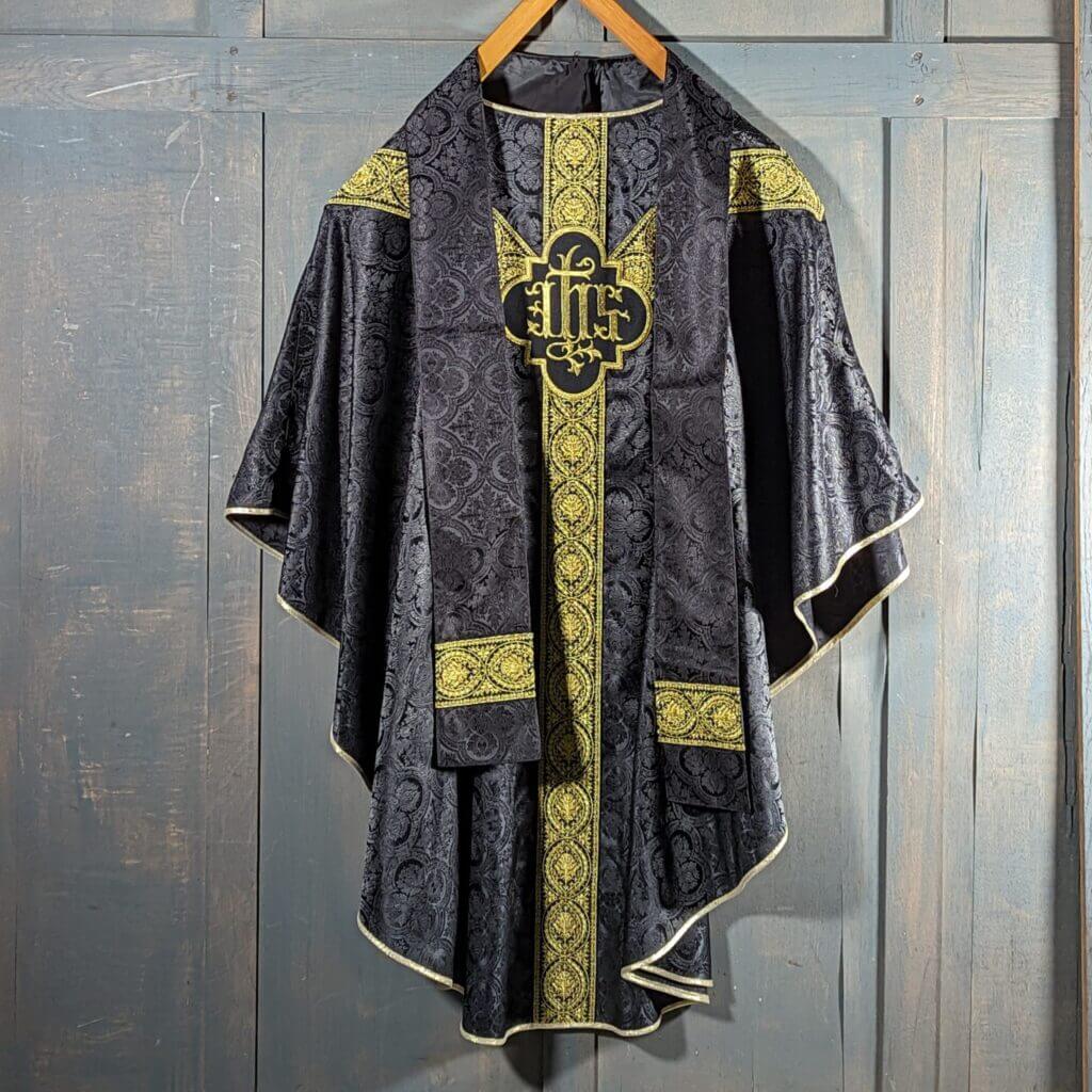As New IHS Black Damask & Brocade Gold Orphrey Chasuble with Stole ...