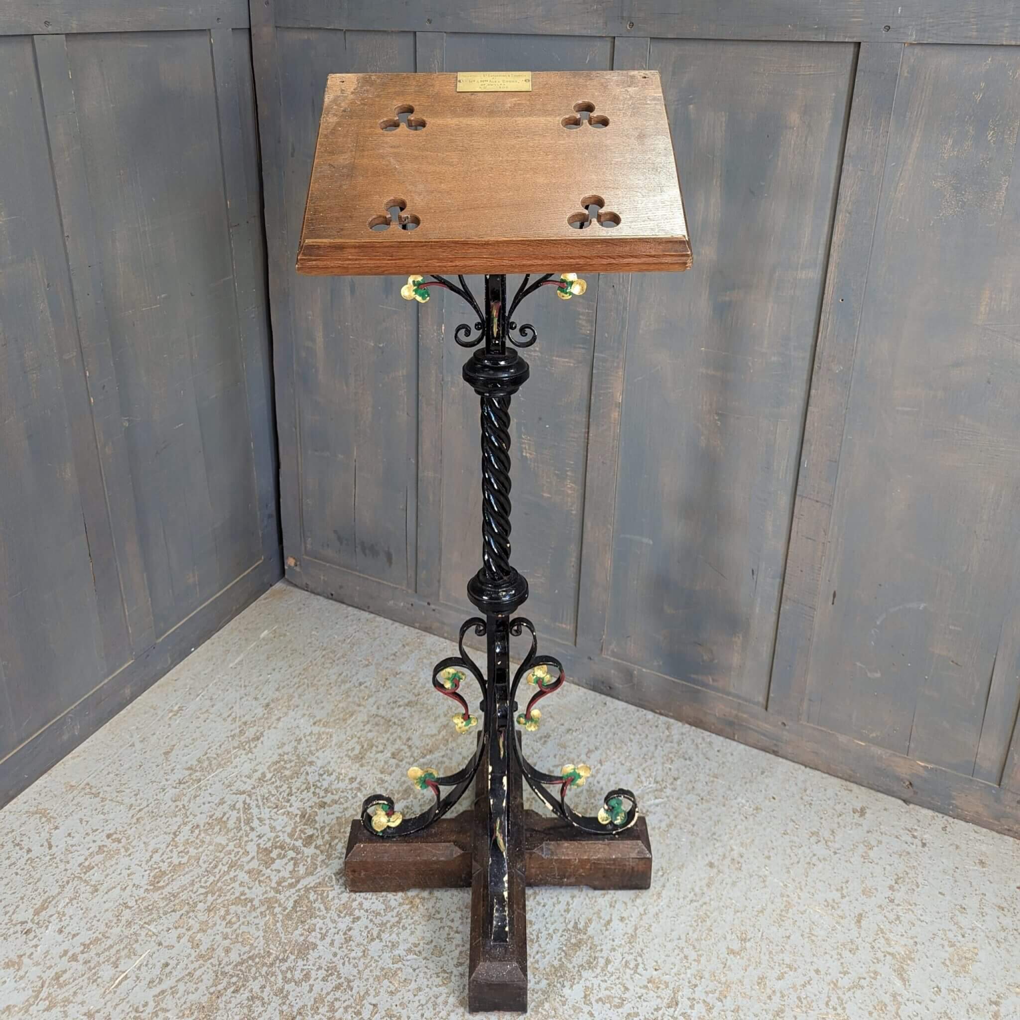 Heavy Antique Cast Iron & Oak Church Lectern from St Catherine's Maerdy ...