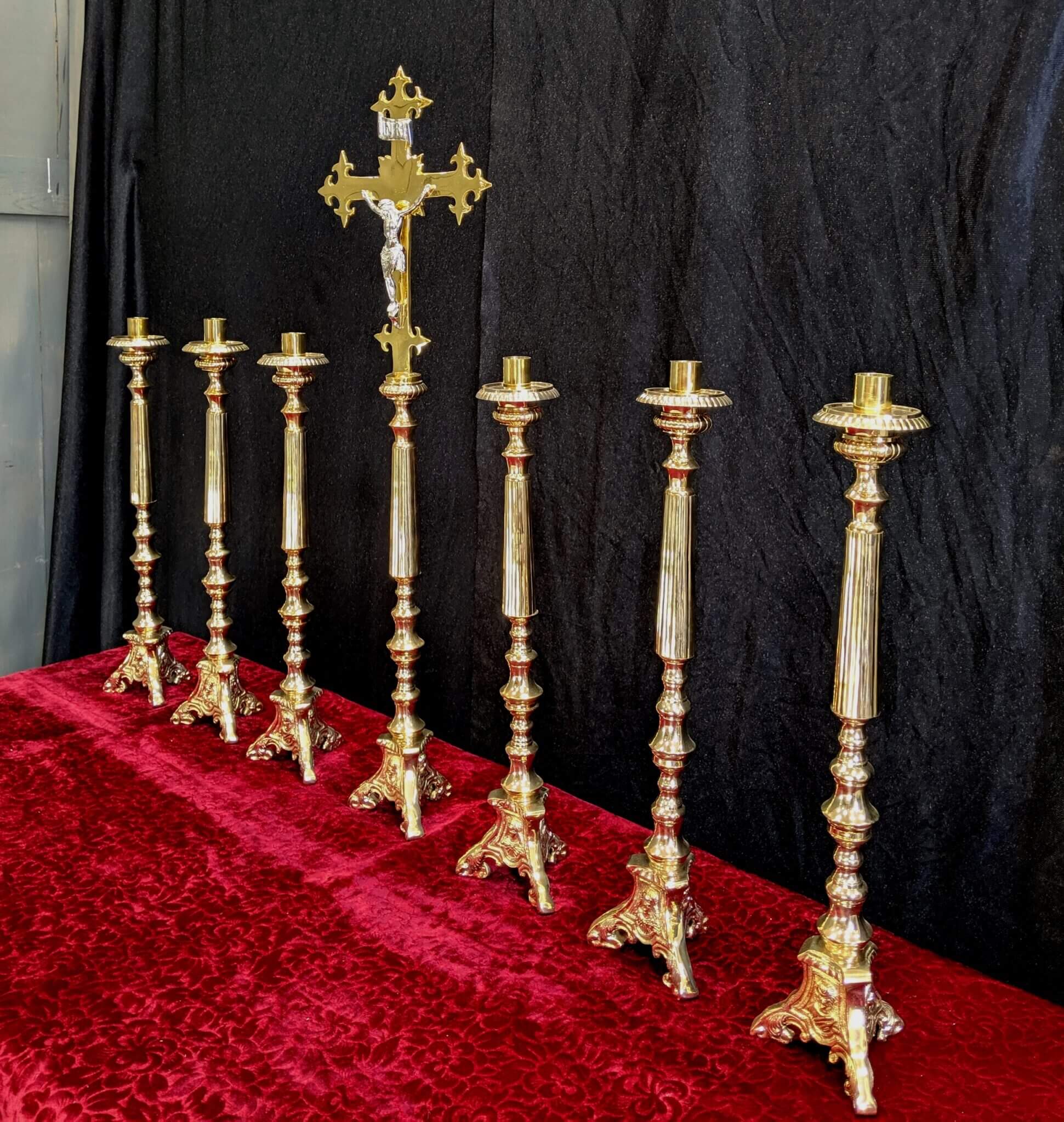 Elegant Smaller Size Heavy Brass 'Big Six' Set of Candlesticks & Crucifix-