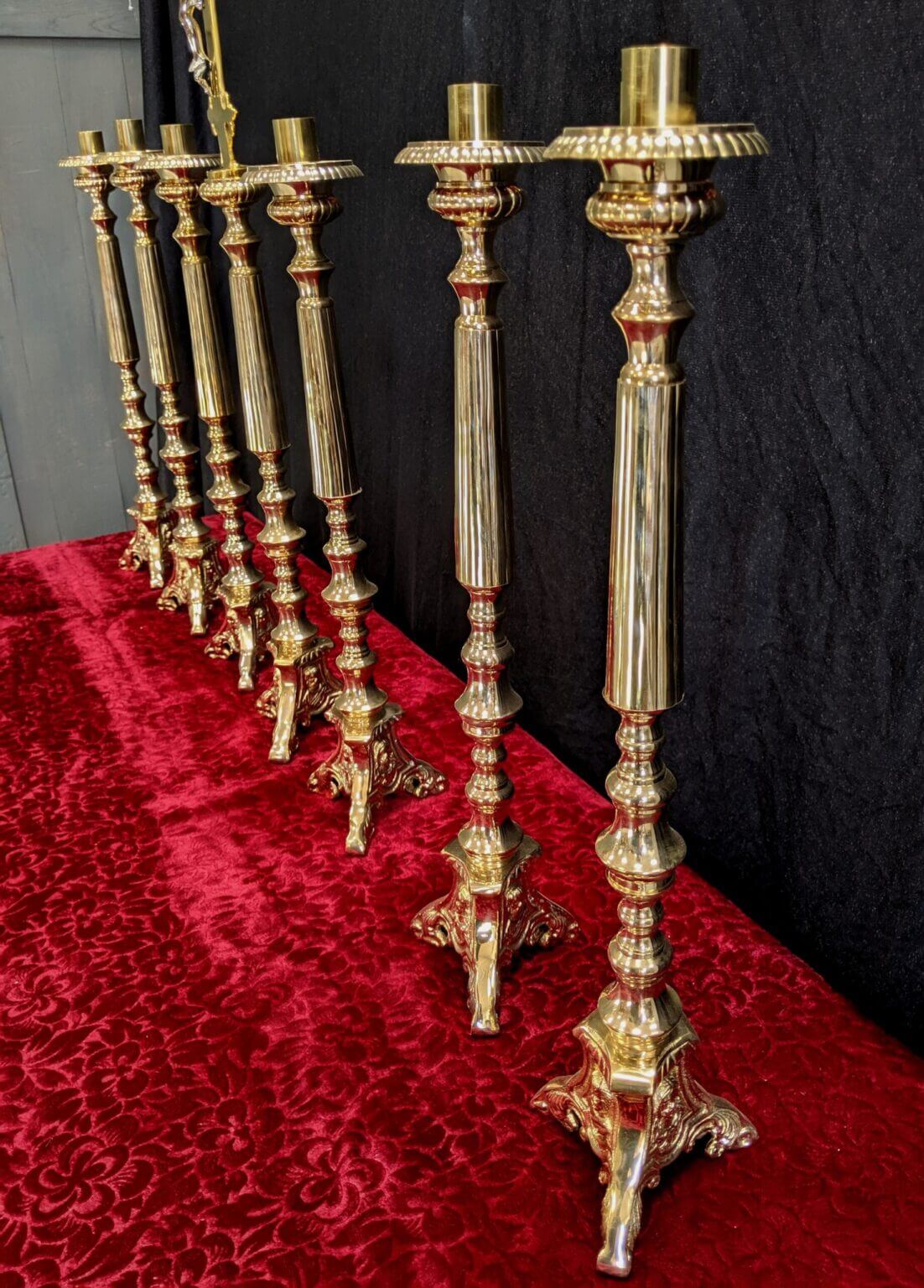 Elegant Smaller Size Heavy Brass 'Big Six' Set of Candlesticks & Crucifix-