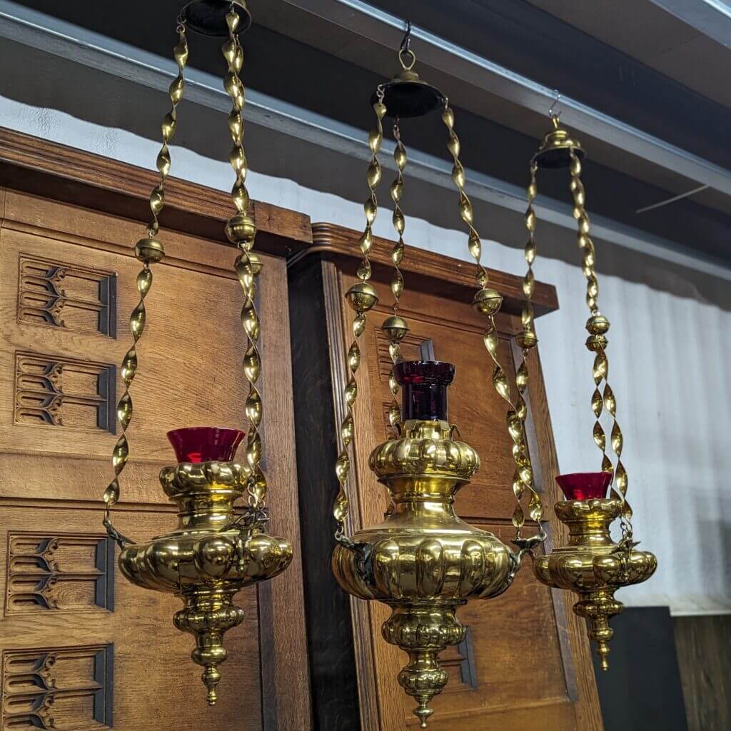 Spectacular Set of Three Very Grand Antique Sanctuary Lamps form All ...