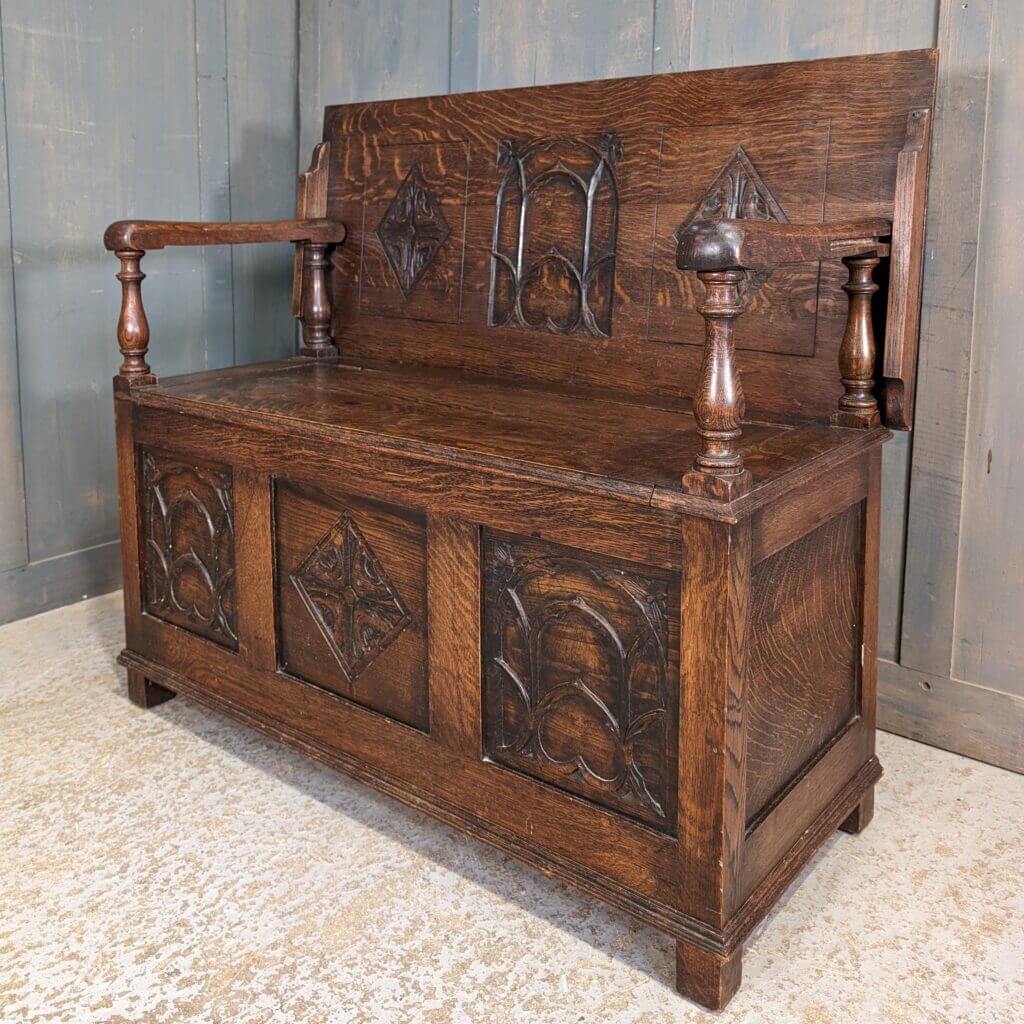 Medium Dark Vintage Oak Monks Bench in early Gothic Style