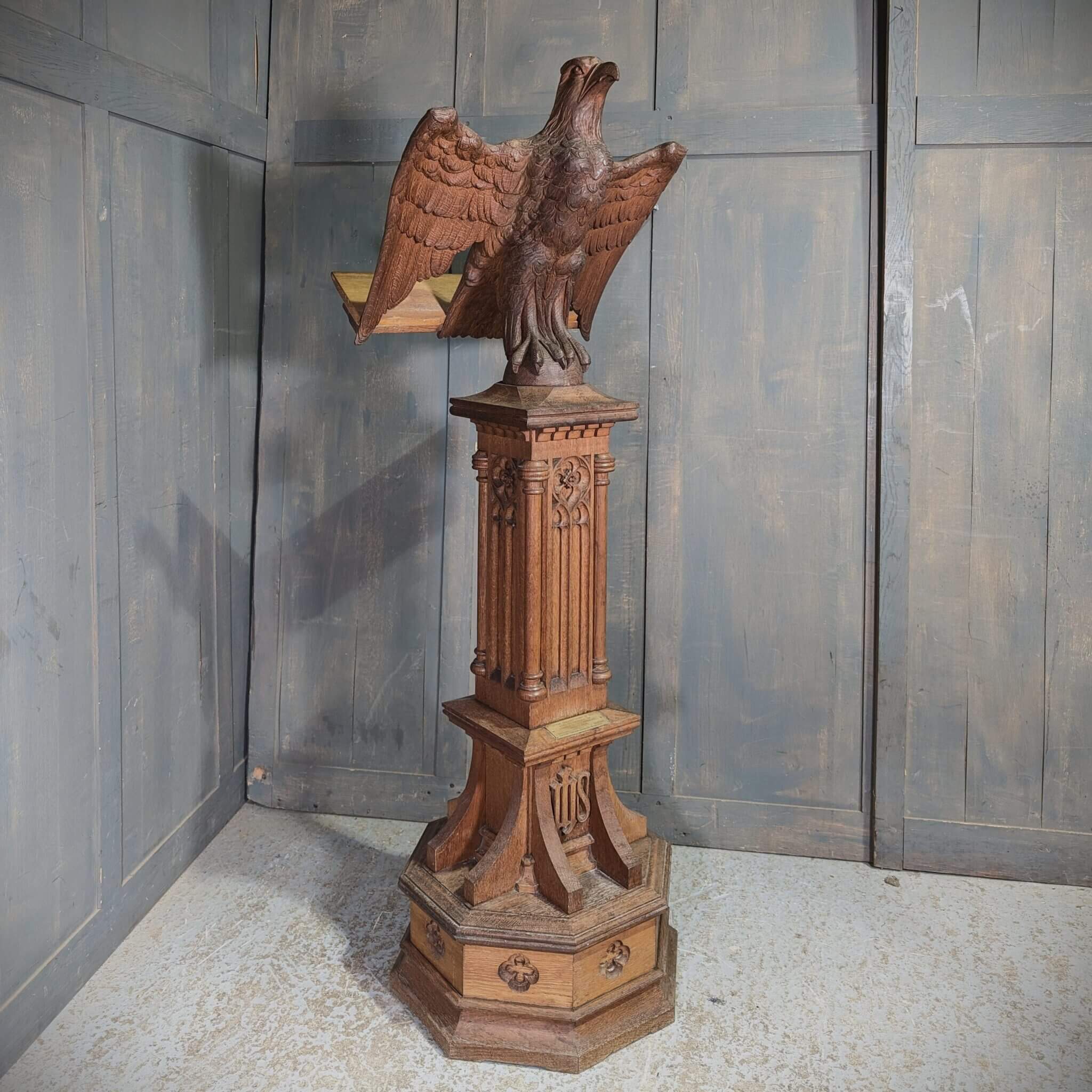 Pre-War Carved Oak Gothic Eagle Lectern with Elaborate Base