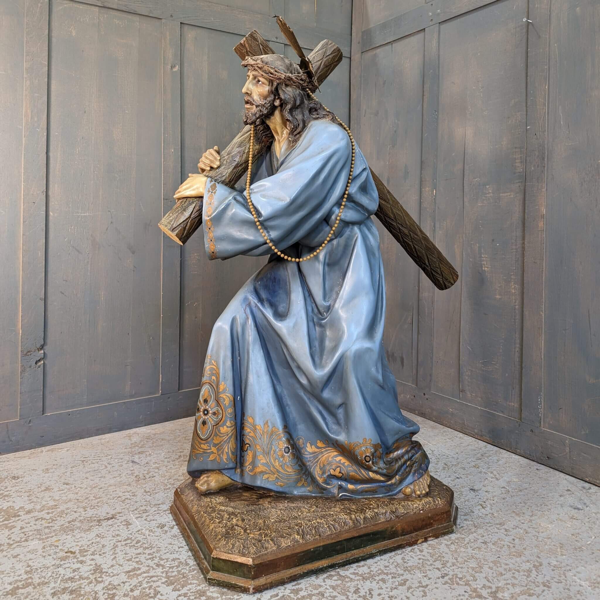 Very Fine Large Spanish Religious Statue of Jesus Christ & Cross