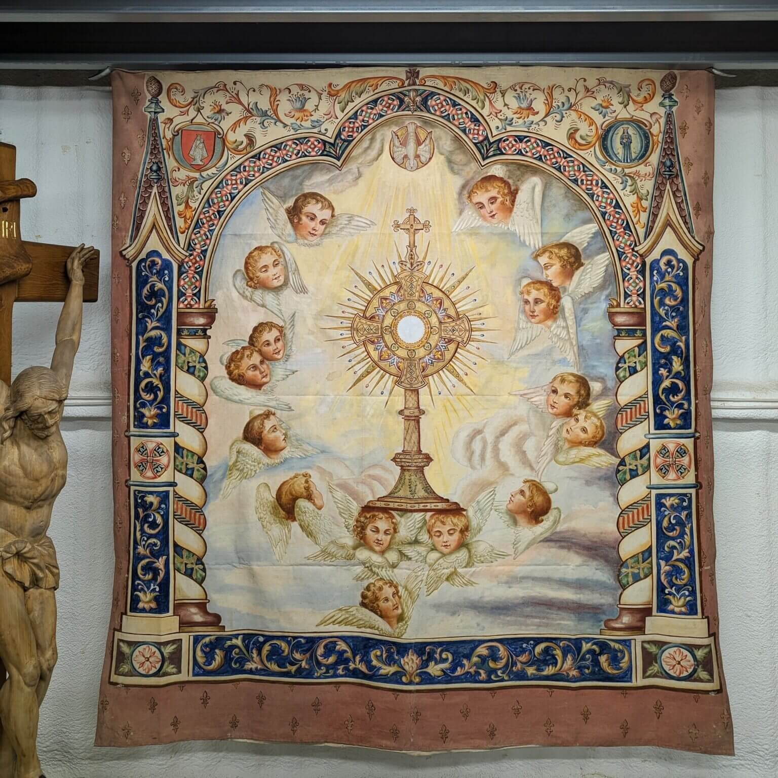 Spectacular Vintage Wall Size French Religious Hand Painted Angel Tapestry